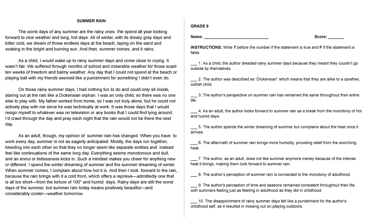 Aptitude TEST - SUMMER RAIN The worst days of any summer are the rainy ...