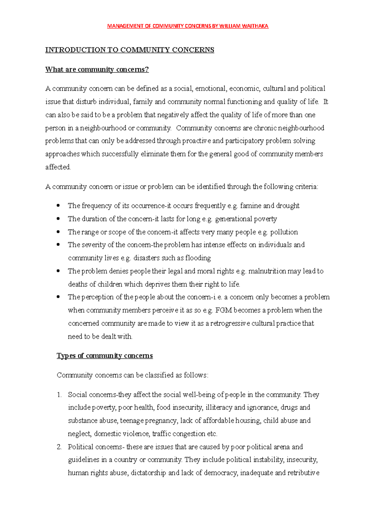 Management OF Community Concerns- Complete Notes - INTRODUCTION TO ...