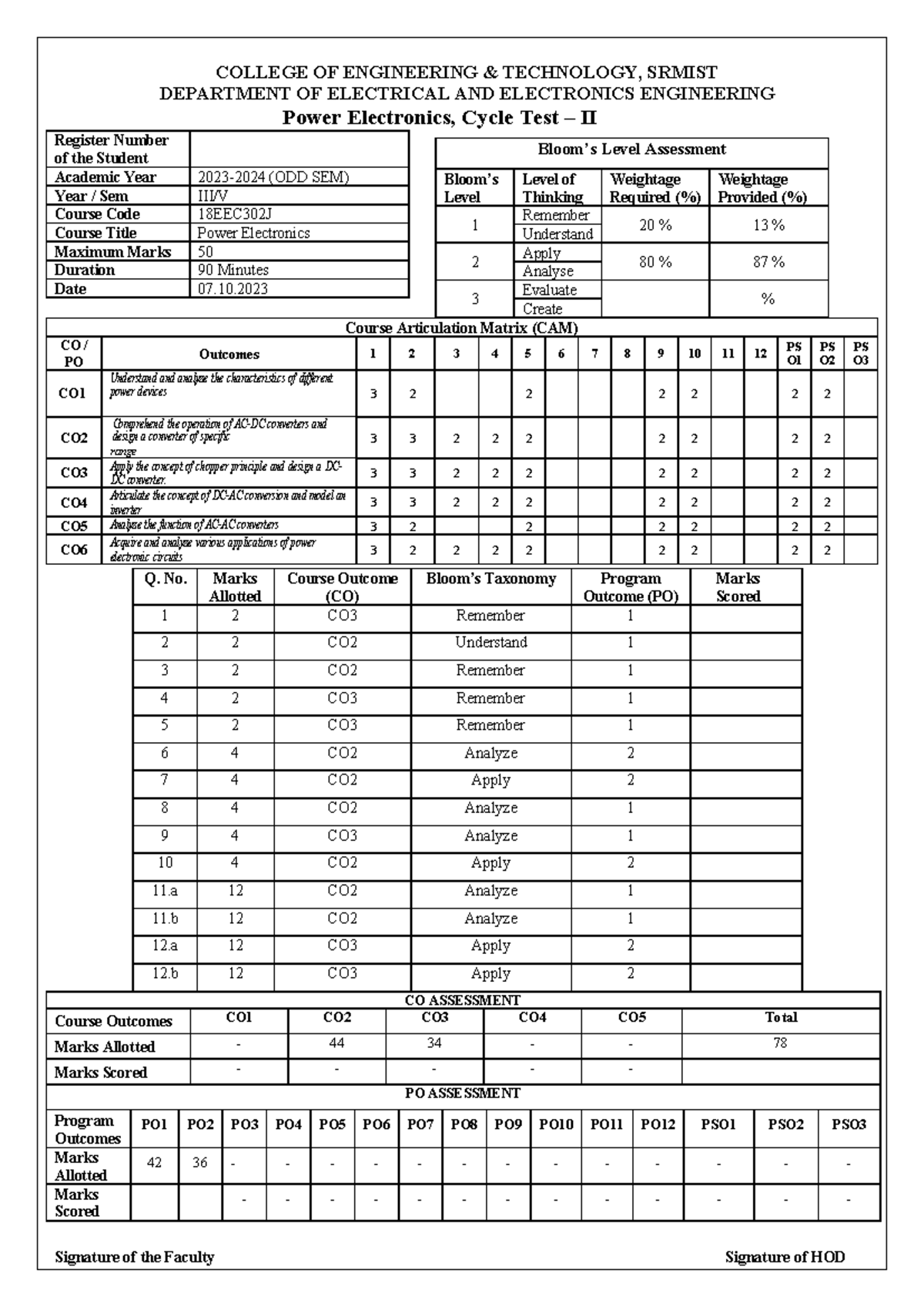 18EEC302J -CT2 -QP - CT2 Question paper - COLLEGE OF ENGINEERING & TECHNOLOGY, SRMIST DEPARTMENT ...