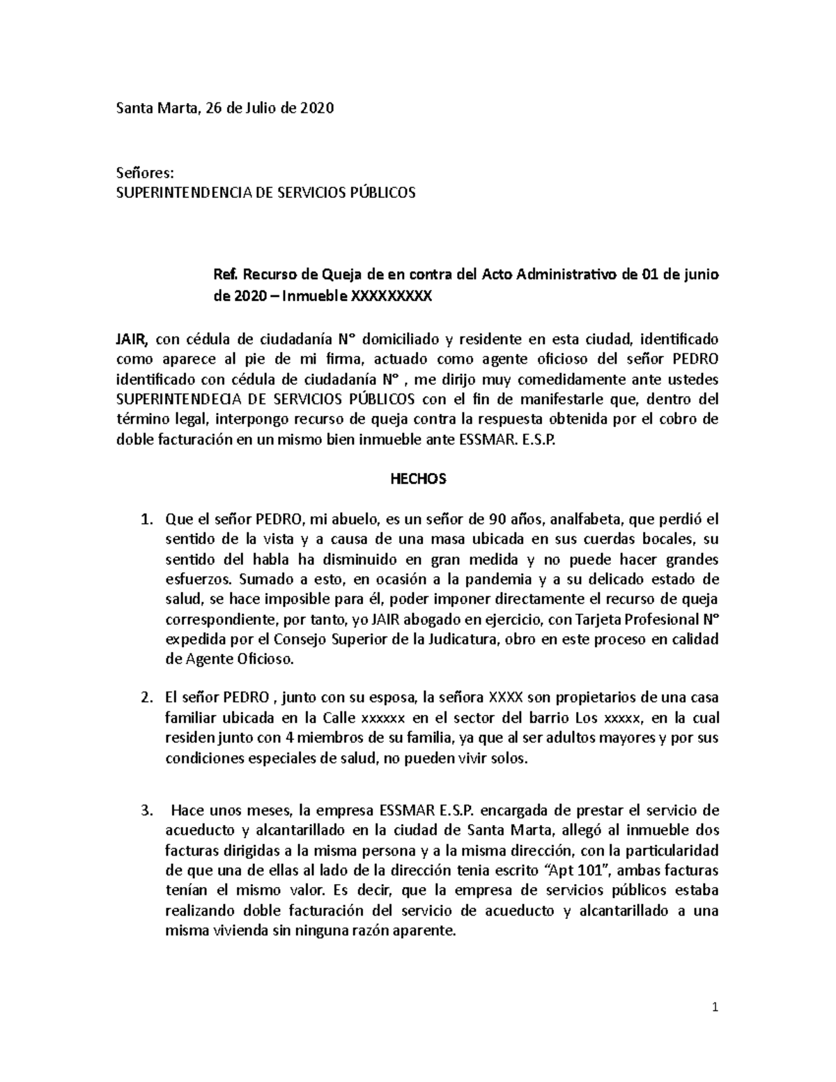 Recurso DE Queja Essmar E.S.P. - Pedro Salcedo O - Santa Marta, 26 de ...