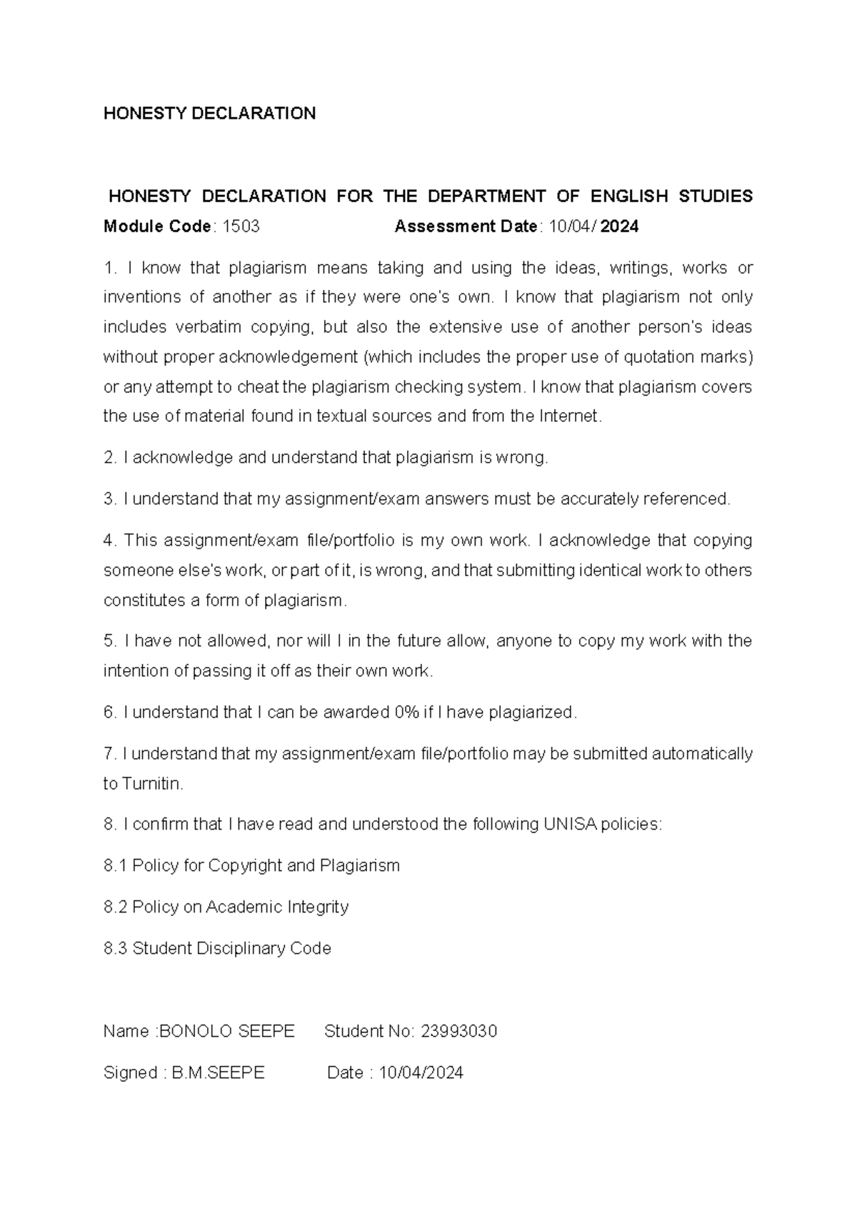 Assement 2 - english - HONESTY DECLARATION HONESTY DECLARATION FOR THE ...