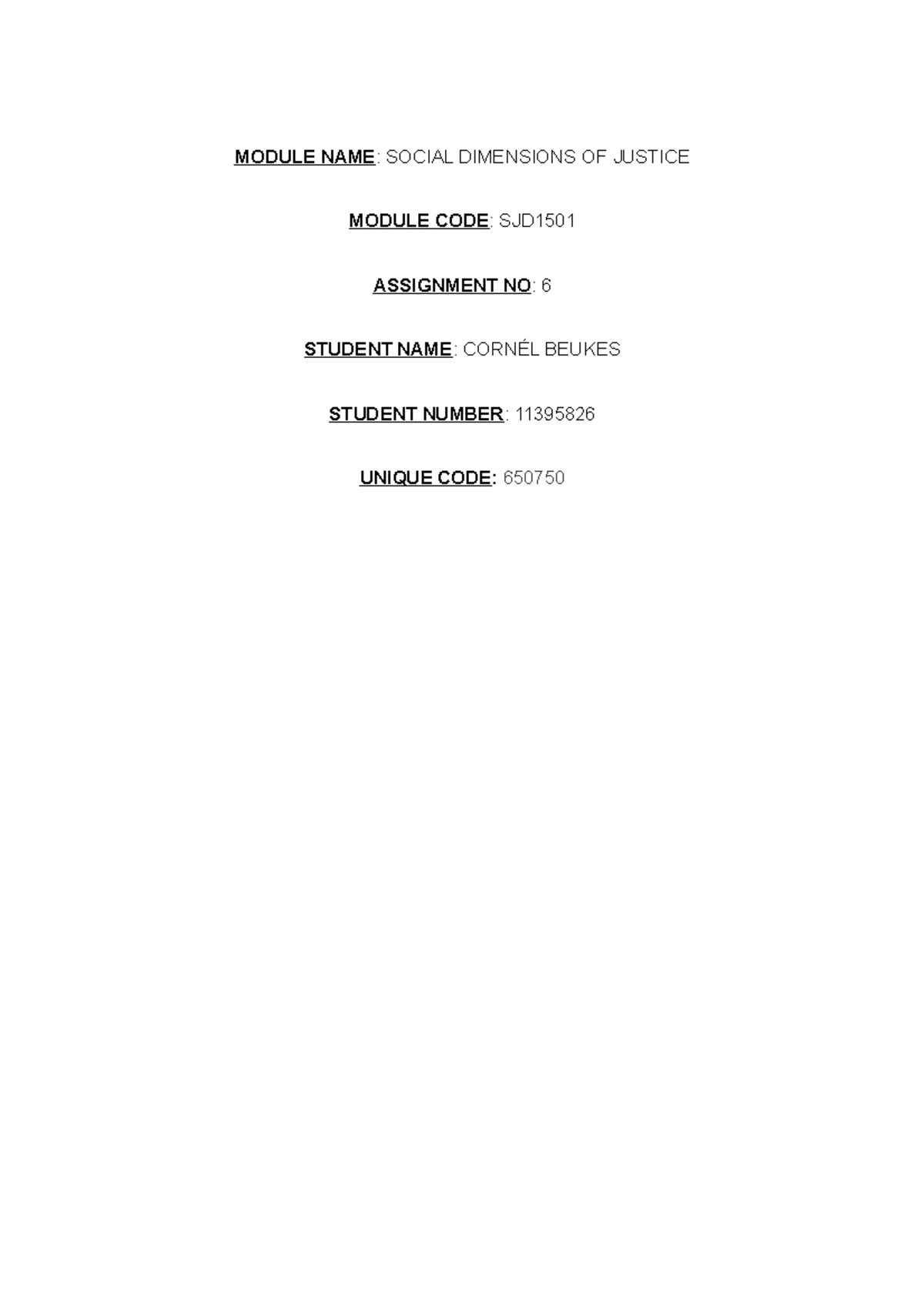 SJD1501 Assignment 6 - MODULE NAME : SOCIAL DIMENSIONS OF JUSTICE ...
