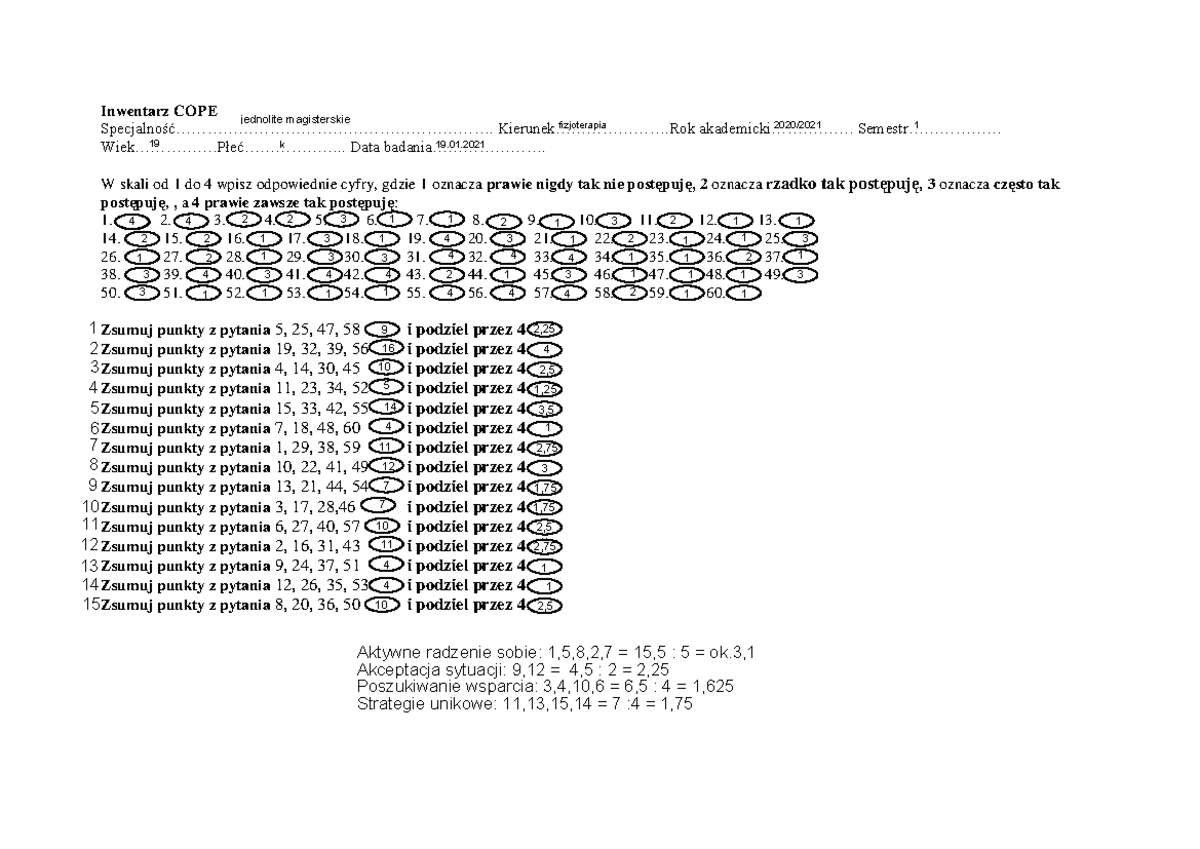 Inwentarz COPE i Mini-COPE - odpowiedzi - Inwentarz COPE - Studocu