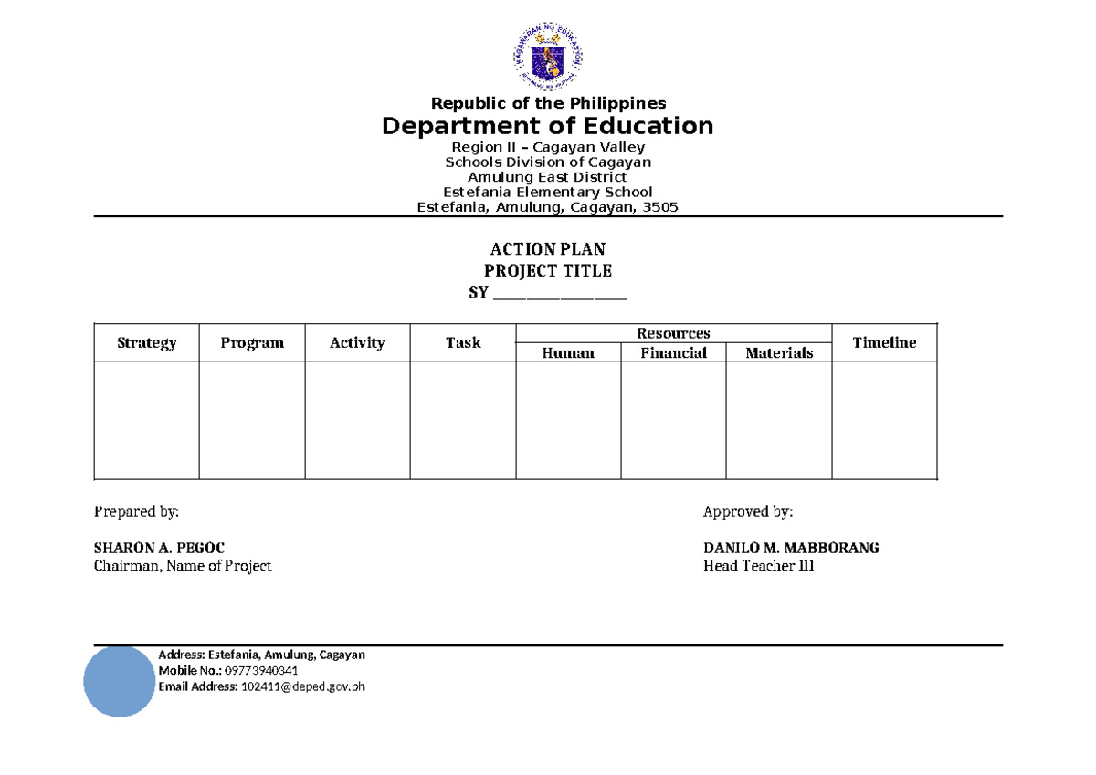 Action Plan Template Spatres T Format - Republic of the Philippines ...