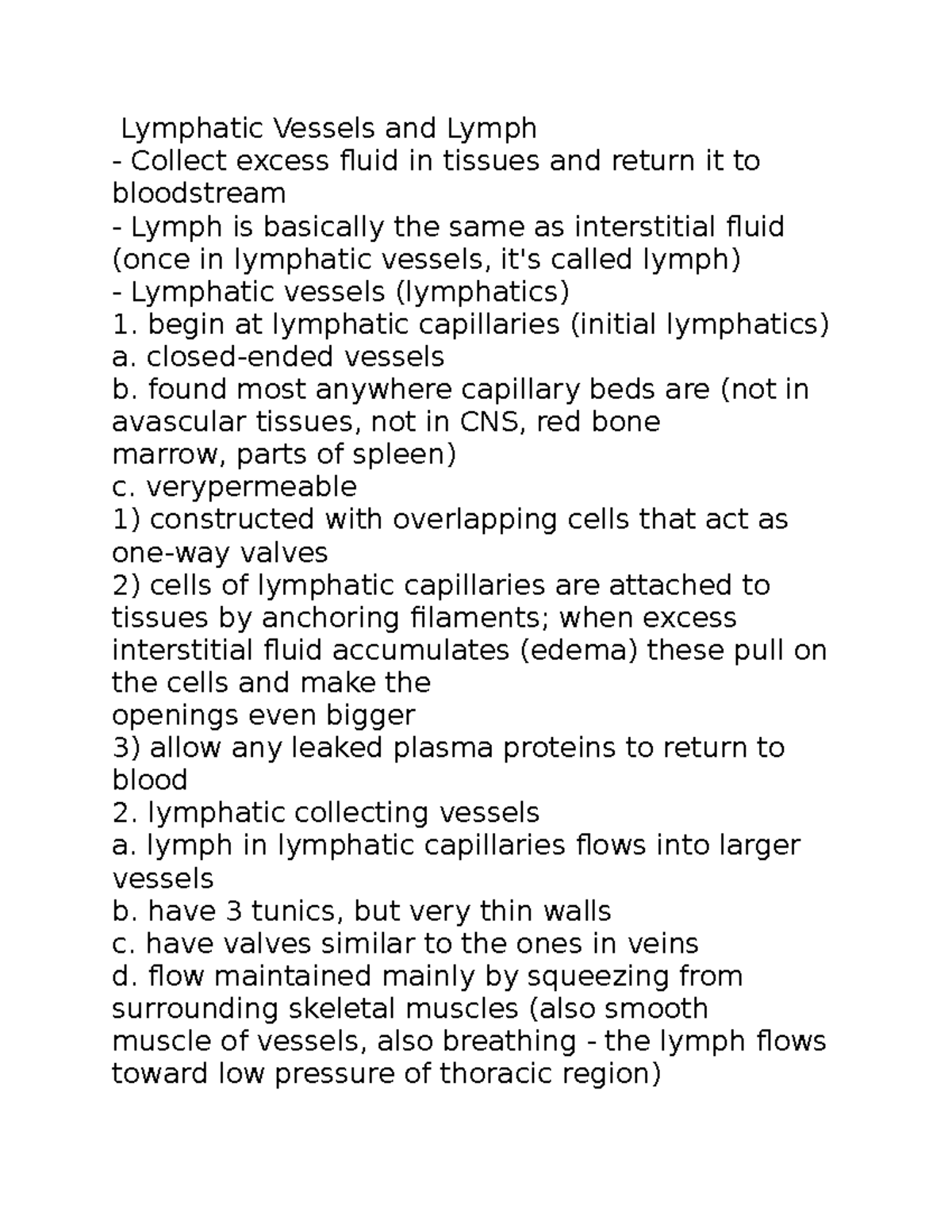 Bio 20 - Notes - Lymphatic Vessels and Lymph Collect excess fluid in ...