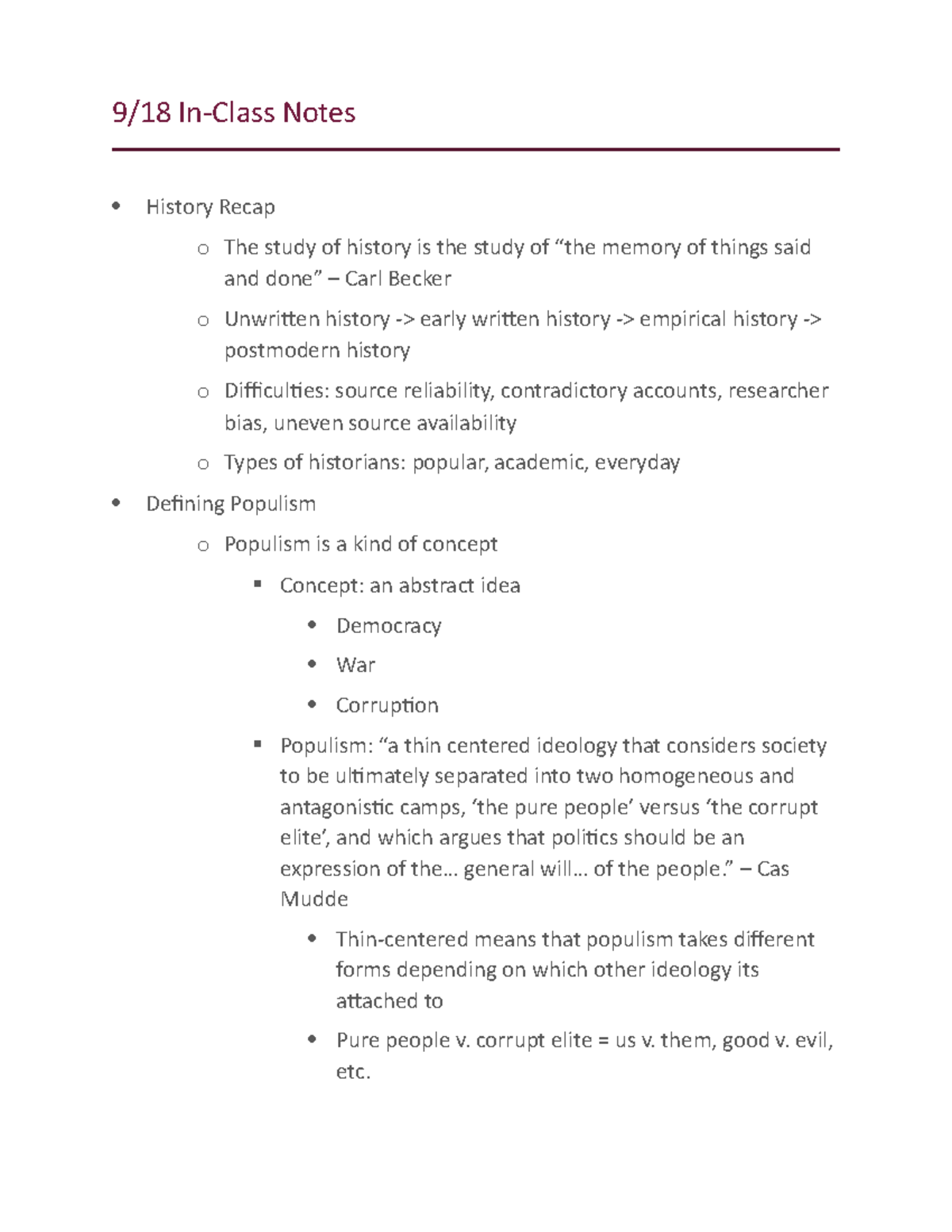 In-Class Notes: Populism through a Historical Lens - 9/18 In-Class ...