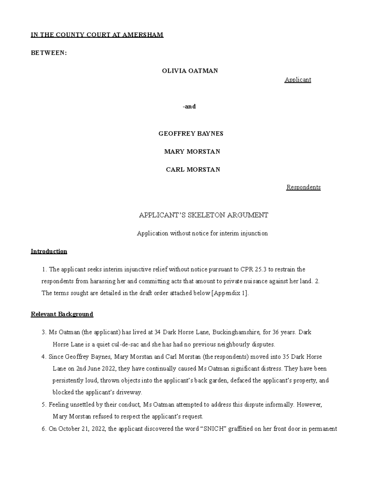 Skeleton Argument-4-2 - IN THE COUNTY COURT AT AMERSHAM BETWEEN: OLIVIA ...