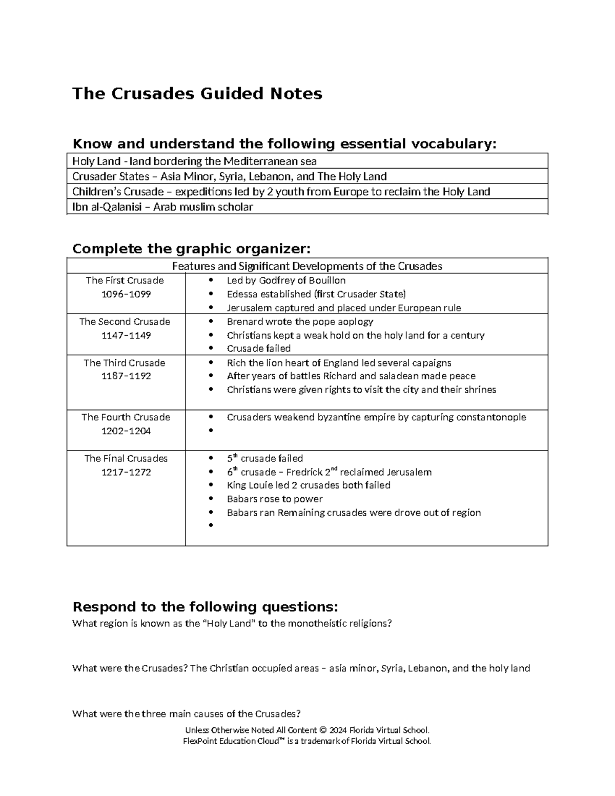 The crusades guided notes - The Crusades Guided Notes Know and ...