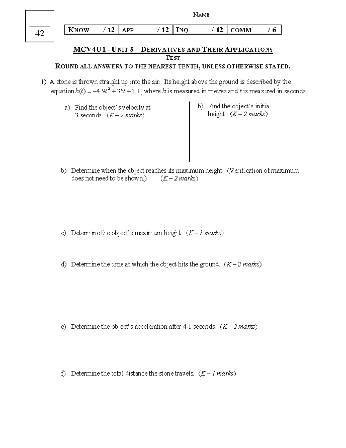 Unit 3 Practice test - NAME: ___________________________ MCV4U1 - UNIT ...