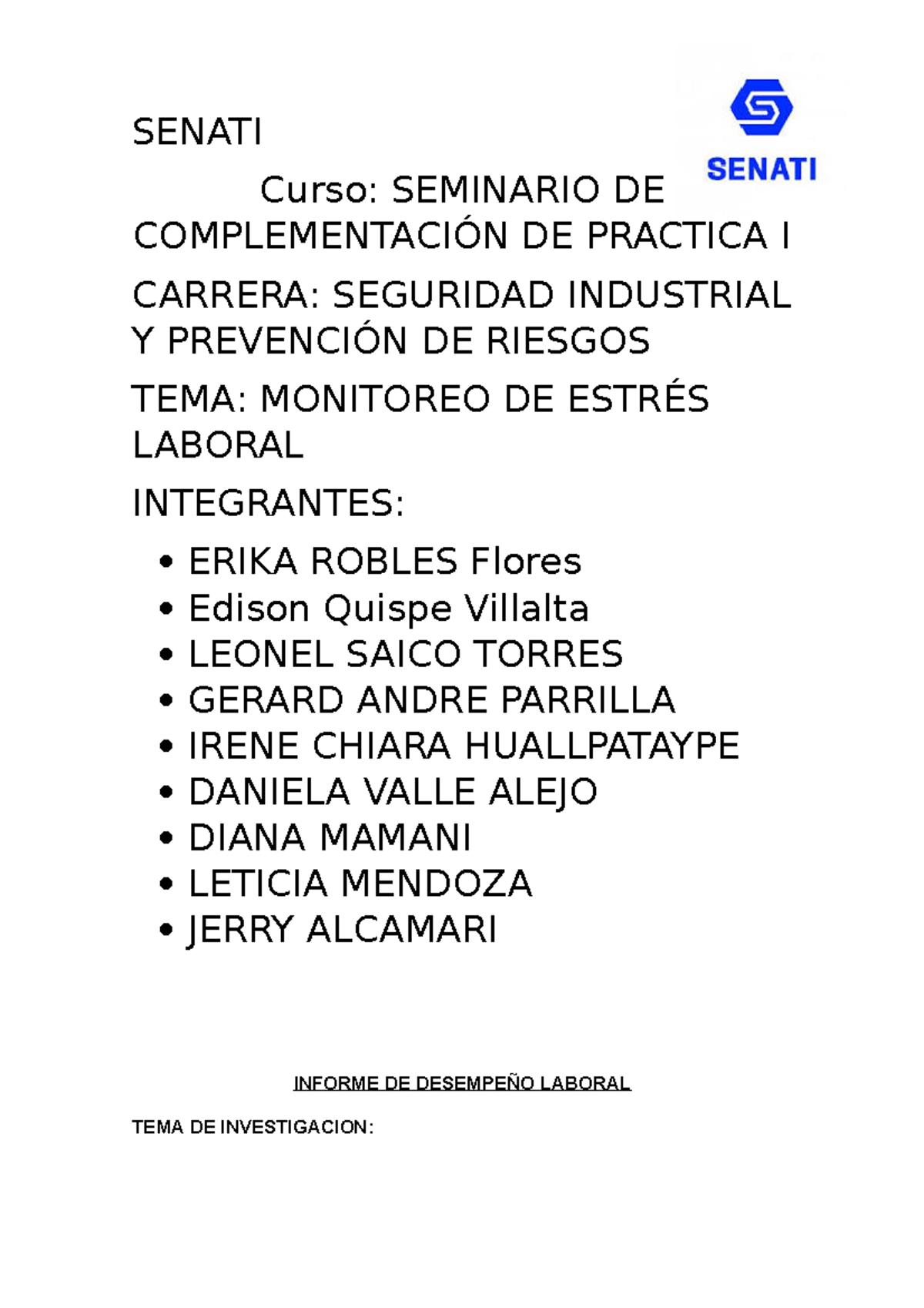 Trabajo desempeño laboral - SENATI Curso: SEMINARIO DE COMPLEMENTACIÓN ...