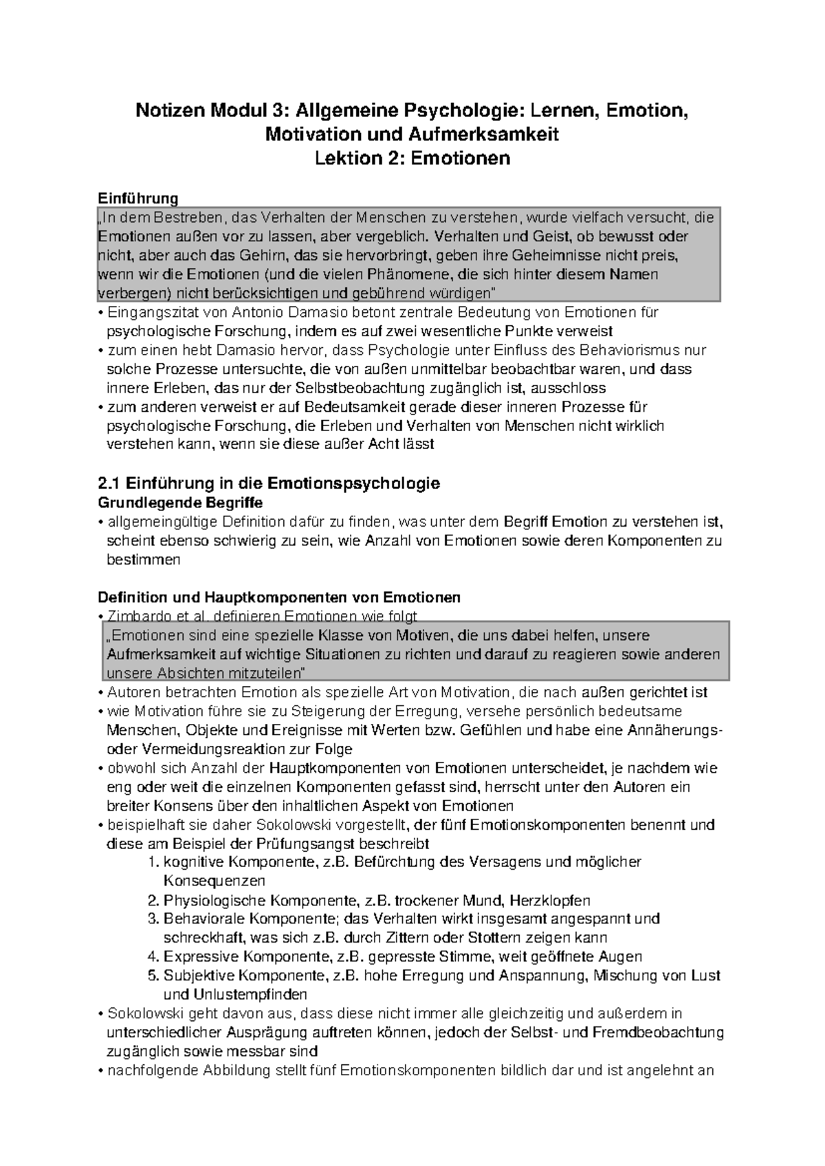 Lektion 2: Emotionen - Notizen Modul 3: Allgemeine Psychologie: Lernen, Emotion, Motivation und ...