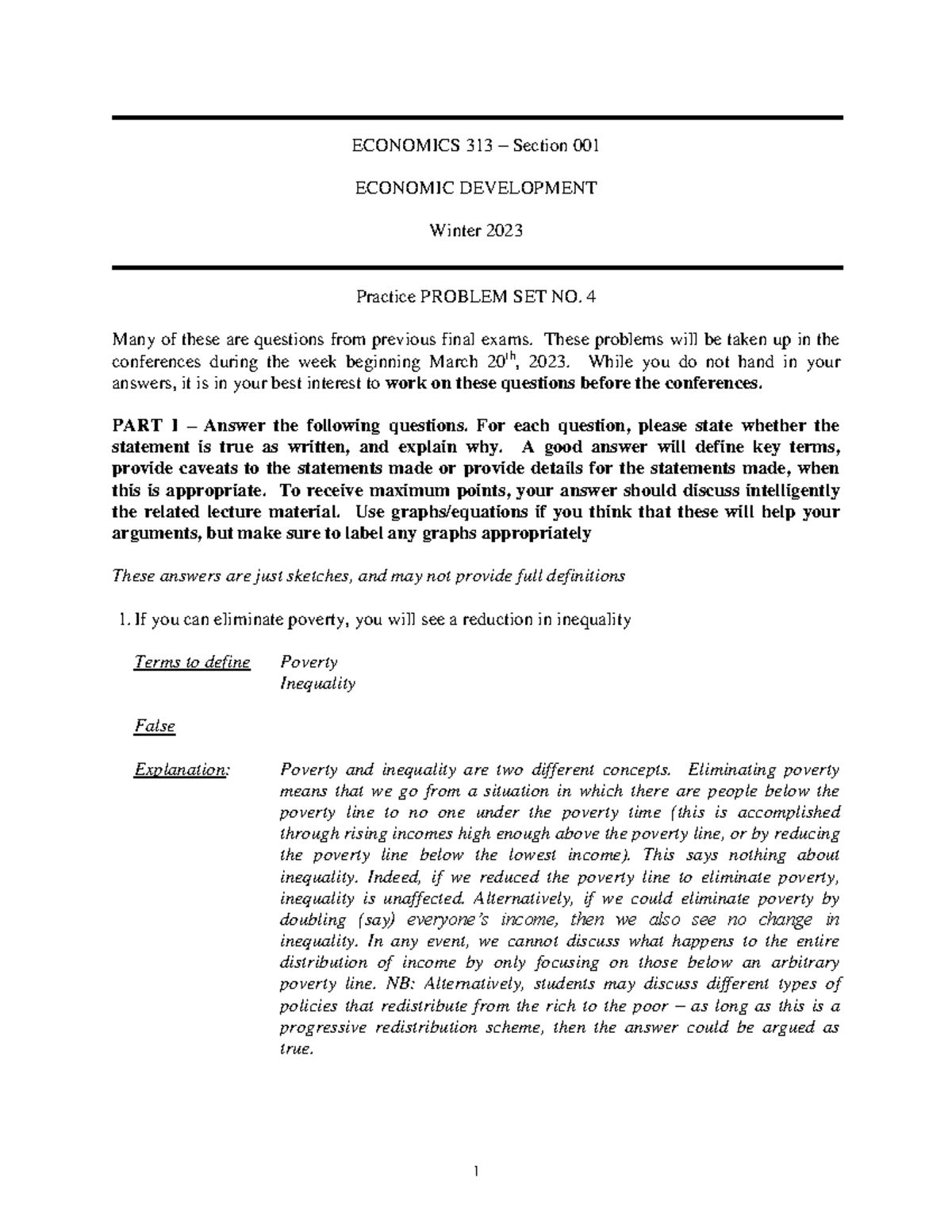 [ Solutions] ECON313 - PS4 (Winter 2023) - ECONOMICS 313 – Section 00 1 ECONOMIC DEVELOPMENT ...