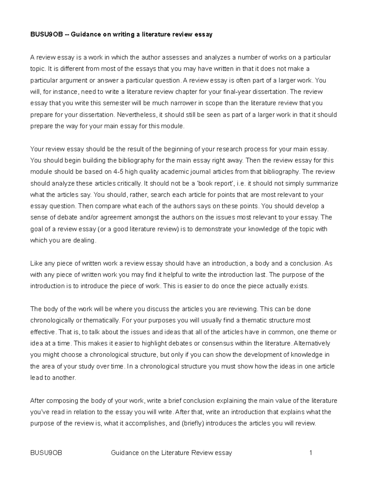 Guidance on review essays 2017 - BUSU9OB - Guidance on writing a ...