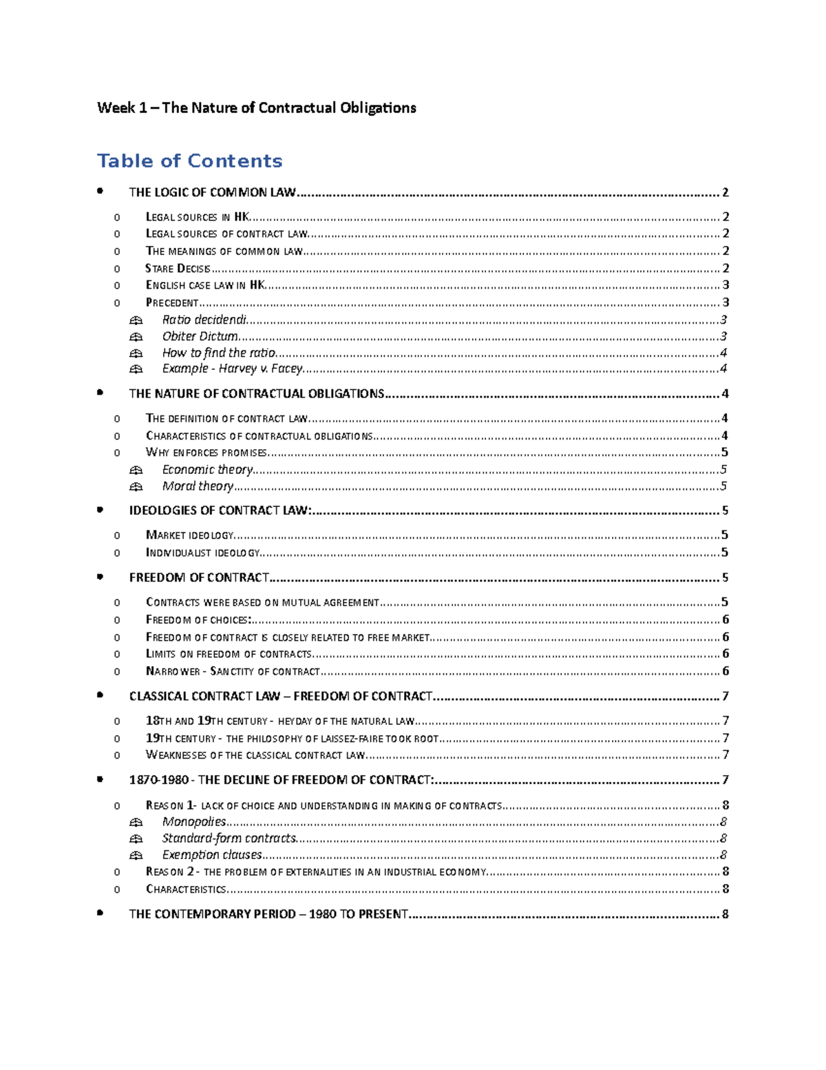 Week 1 - Notes - Week 1 – The Nature of Contractual Obligations O LEGAL ...