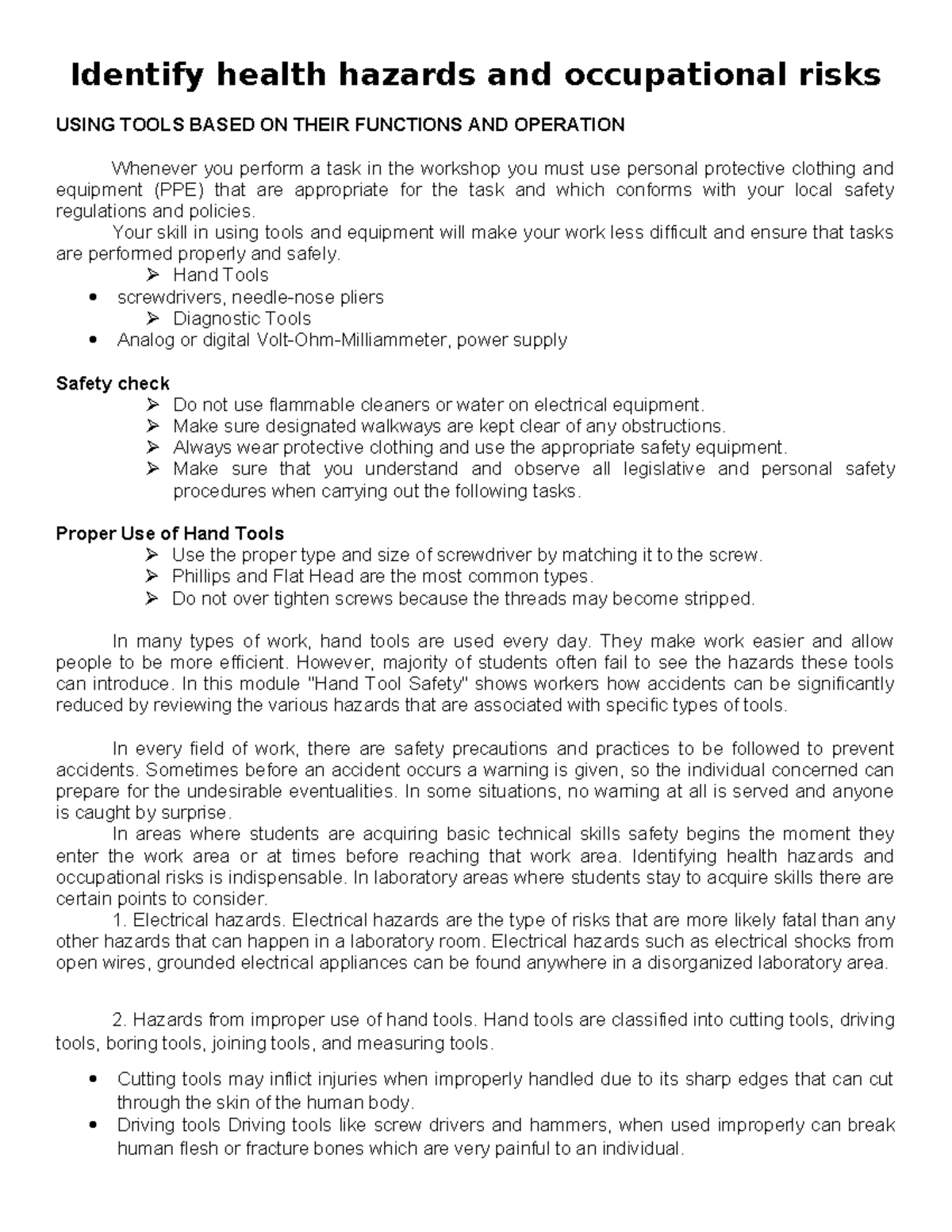 Identify health hazards and occupational risks - Your skill in using ...