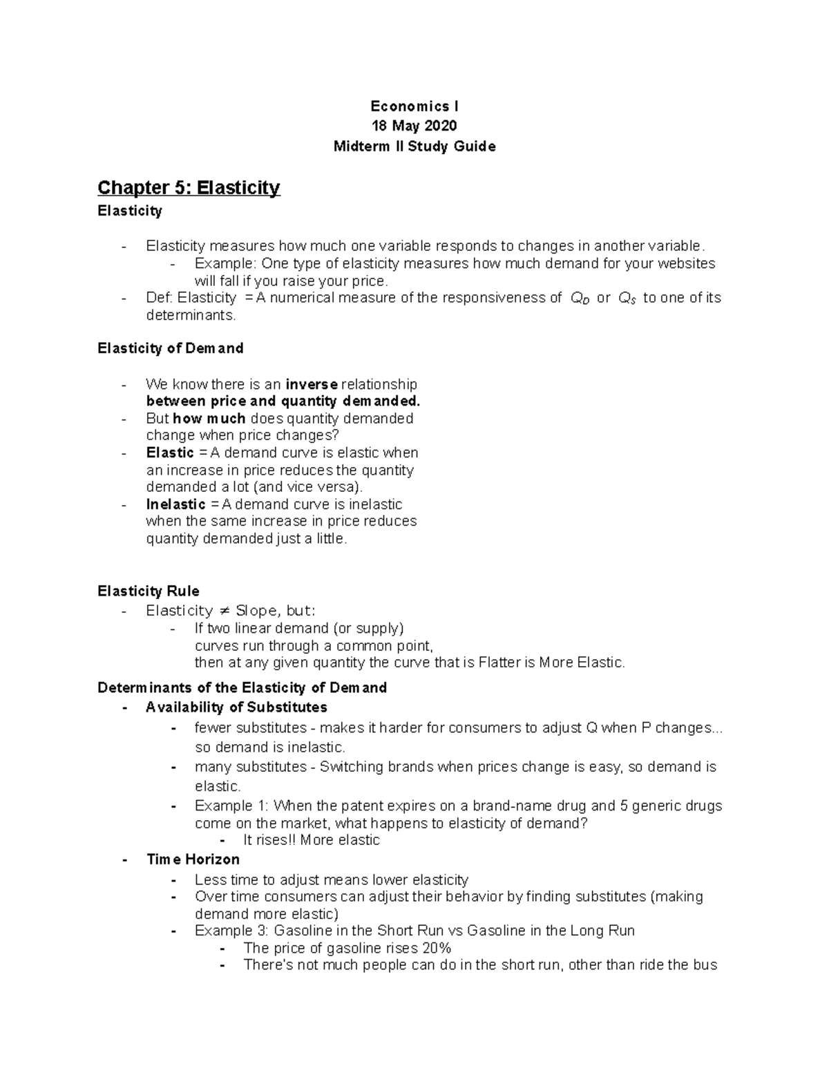 Economics I midterm 2 study guide - Economics I 18 May 2020 Midterm II ...