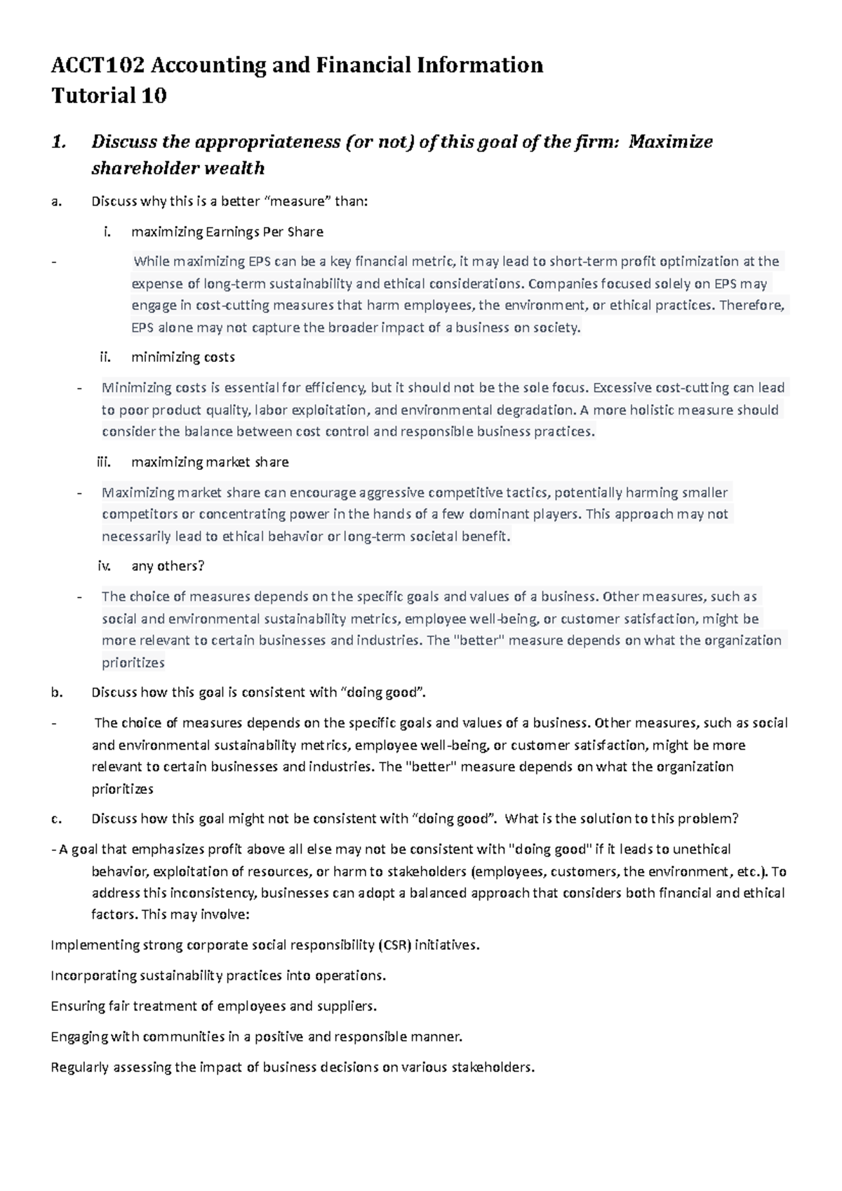 Tutorial 10 2023 - ACCT102 Accounting and Financial Information Tutorial 10 1. Discuss the - Studocu