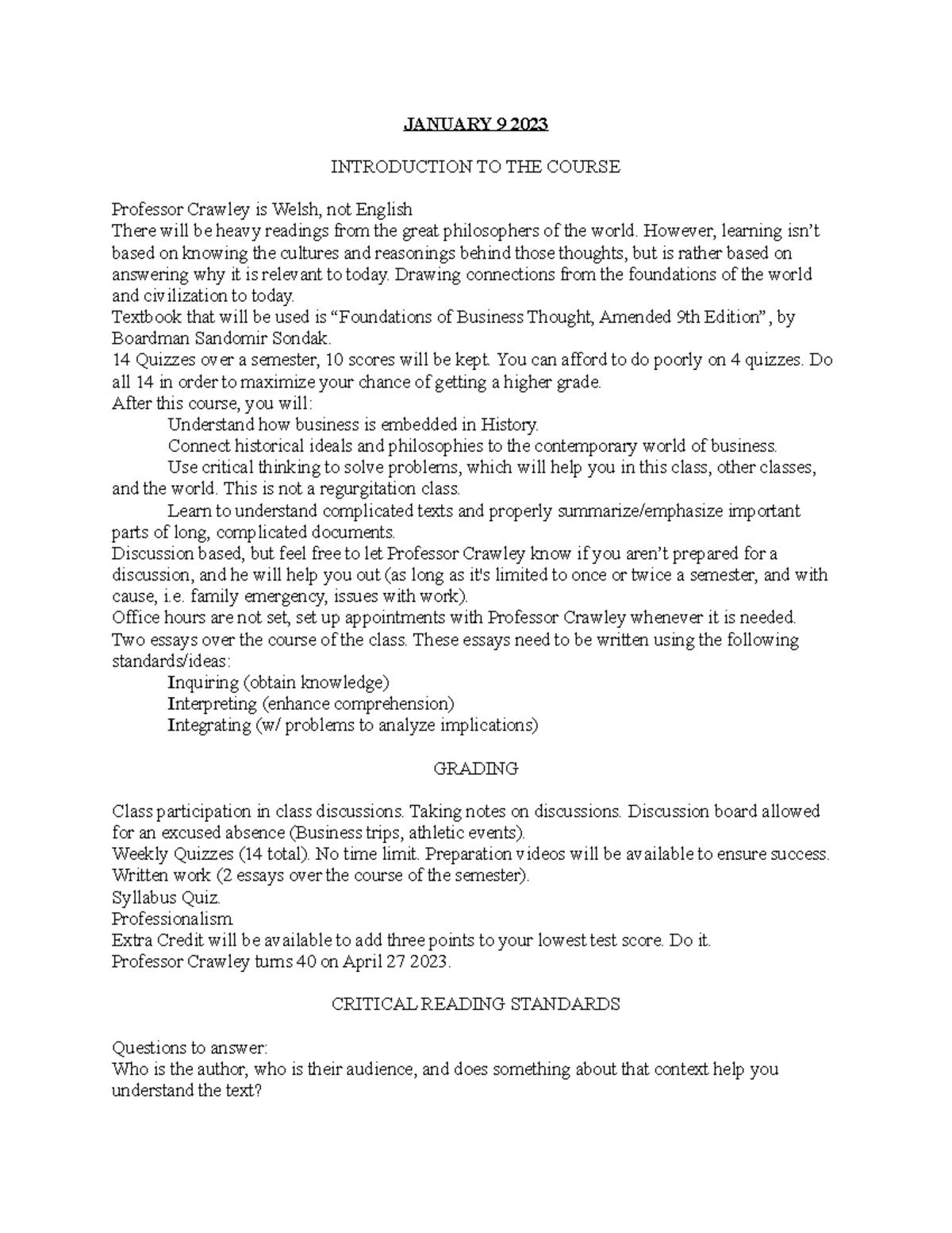 BUS1051 Week 1 Part 1 - JANUARY 9 2023 INTRODUCTION TO THE COURSE ...