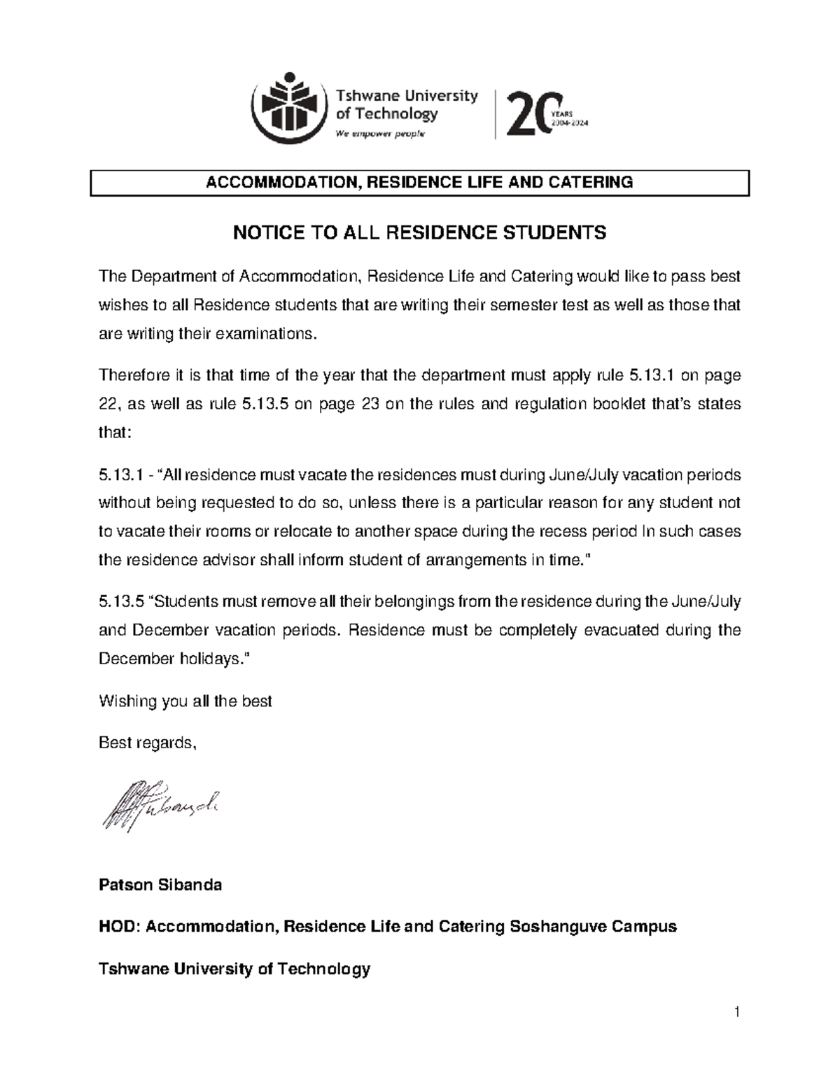 Notice to vacate FOR JUNE - JULY 2024 Recess update - 1 ACCOMMODATION ...