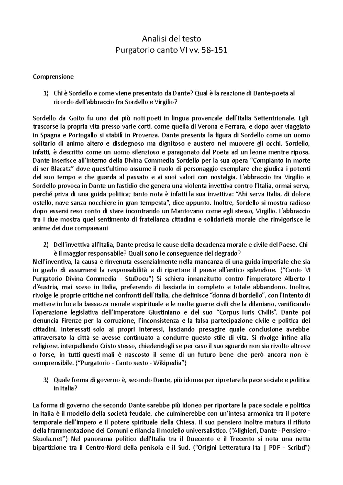Analisi del Canto VI - Purgatorio - Analisi del testo Purgatorio canto ...