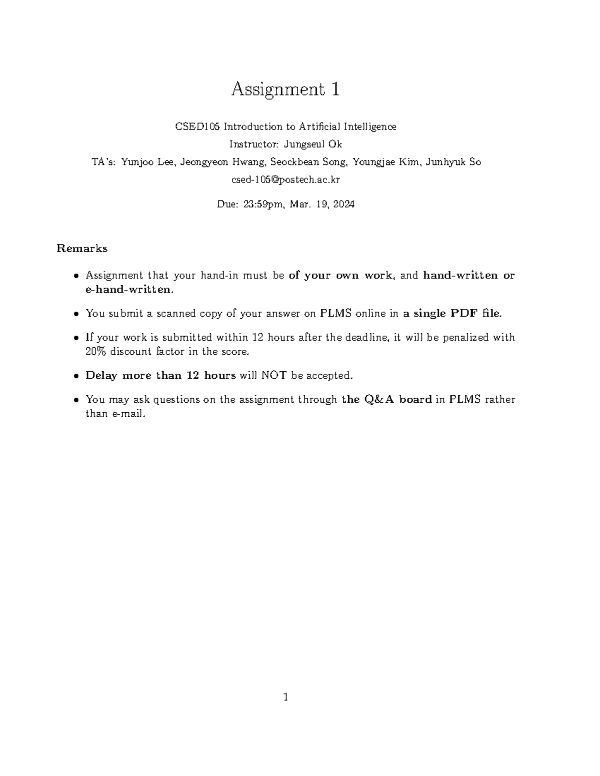 Assign 1 - Assignment 1 CSED105 Introduction to Artificial Intelligence ...