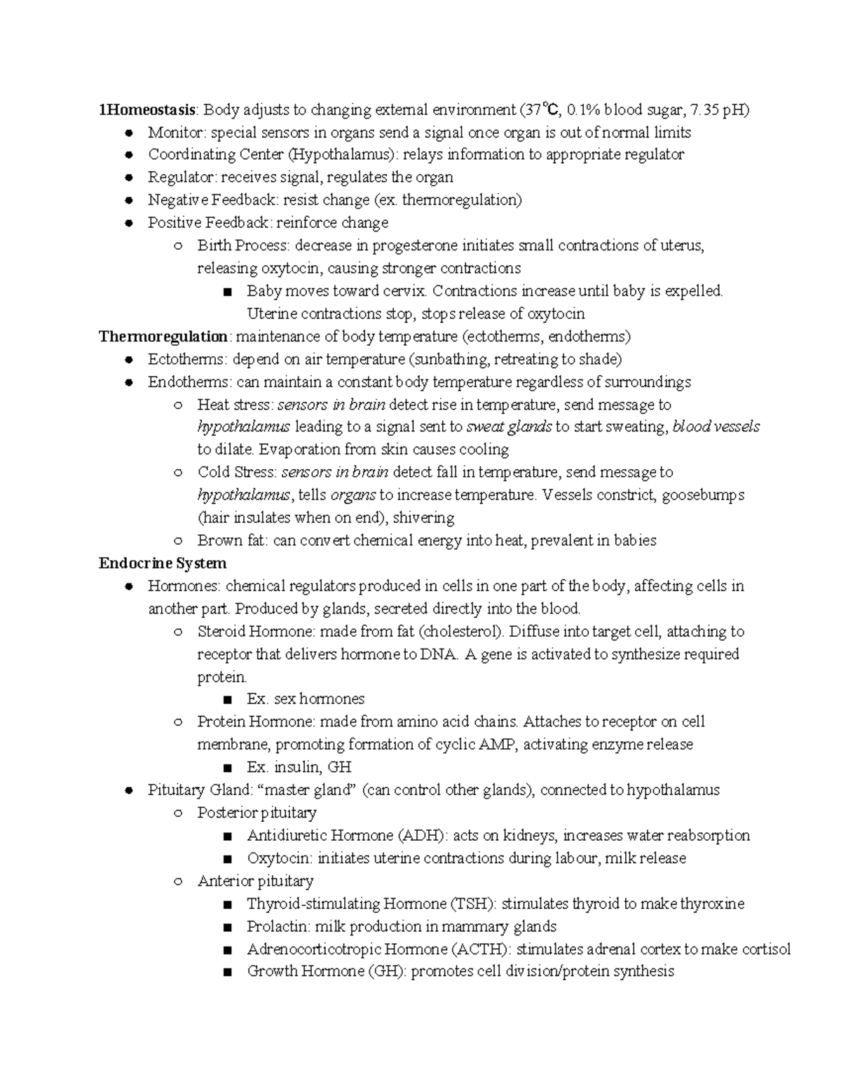 Review unit4 - Unit 4 notes - 1Homeostasis : Body adjusts to changing ...