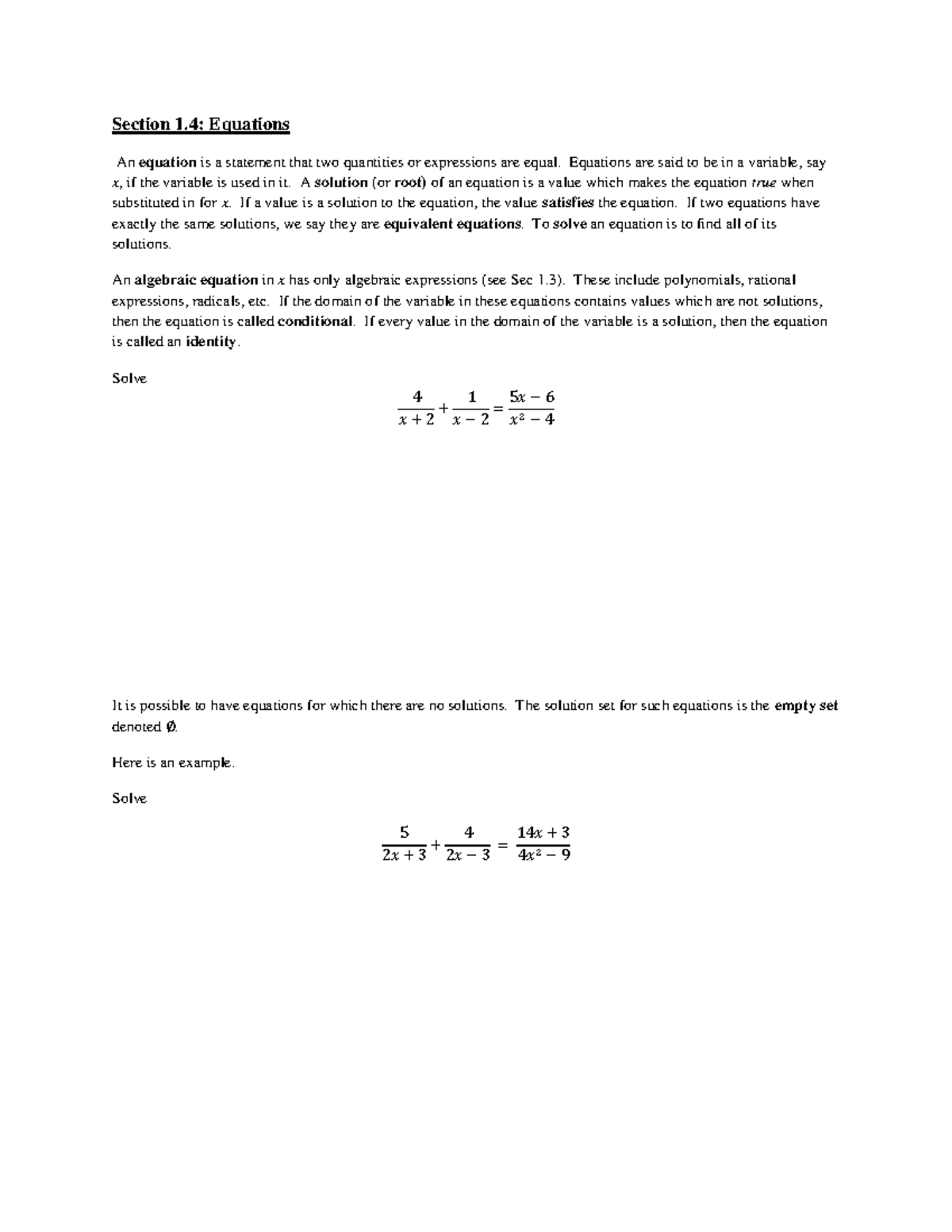 Section 1 - Section 1: Equations An equation is a statement that two ...