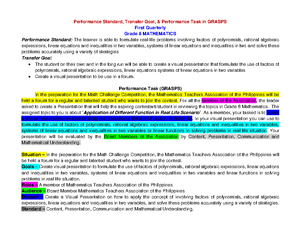 3RD Quarter STAT AND PROB- Grasps - Performance Standard, Transfer Goal, & Performance Task in ...