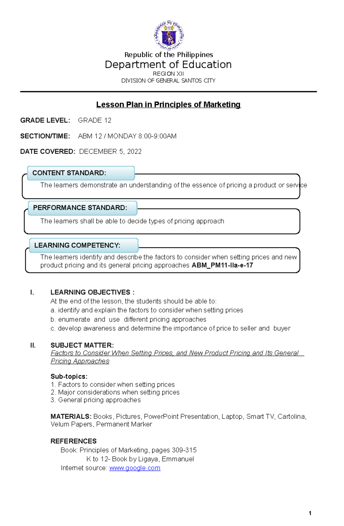 ABM Lesson PLAN - Demo - Department of Education REGION XII DIVISION OF ...