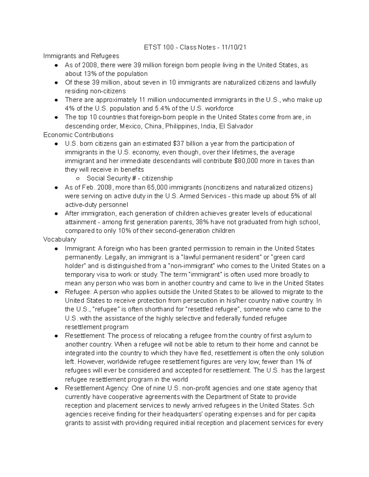 ETST 100 - Class Notes - 11 10 21 - ETST 100 - Class Notes - 11/10 ...