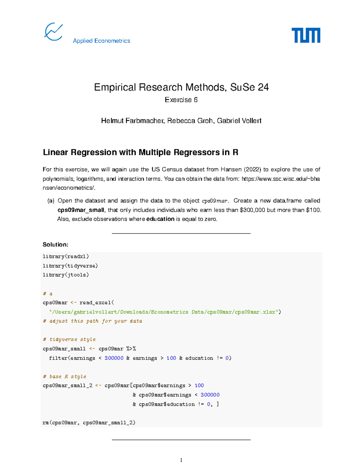 Exercise 6 solution - HFDFDGHDJRDHG - Applied Econometrics Empirical ...