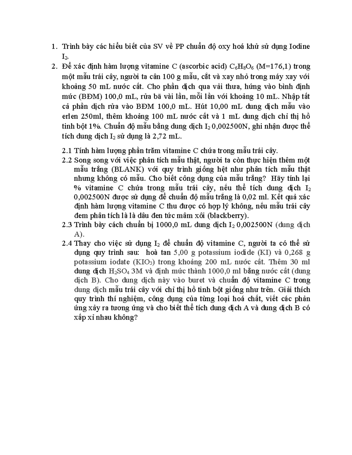 BTL2 2 - BTL - Trình bày các hiểu biết của SV về PP chuẩn độ oxy hoá ...