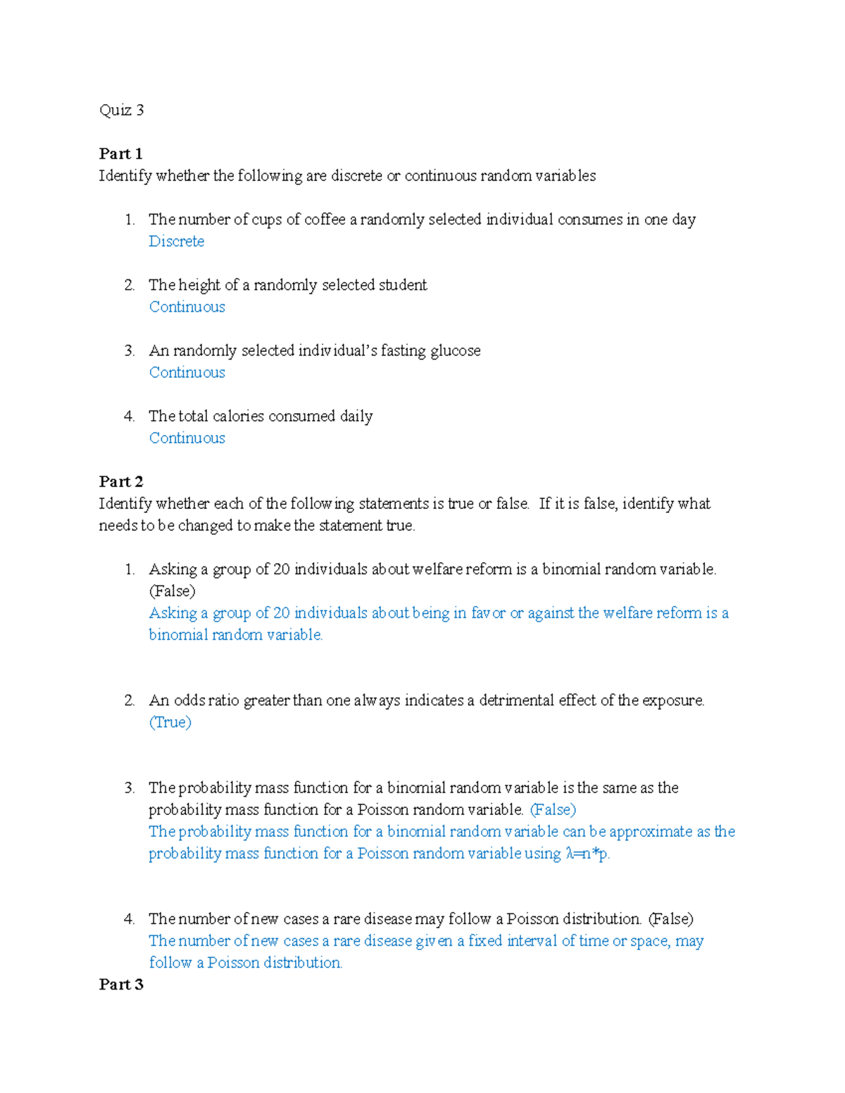 Quiz 3 - Statistical distributions - Quiz 3 Part 1 Identify whether the ...
