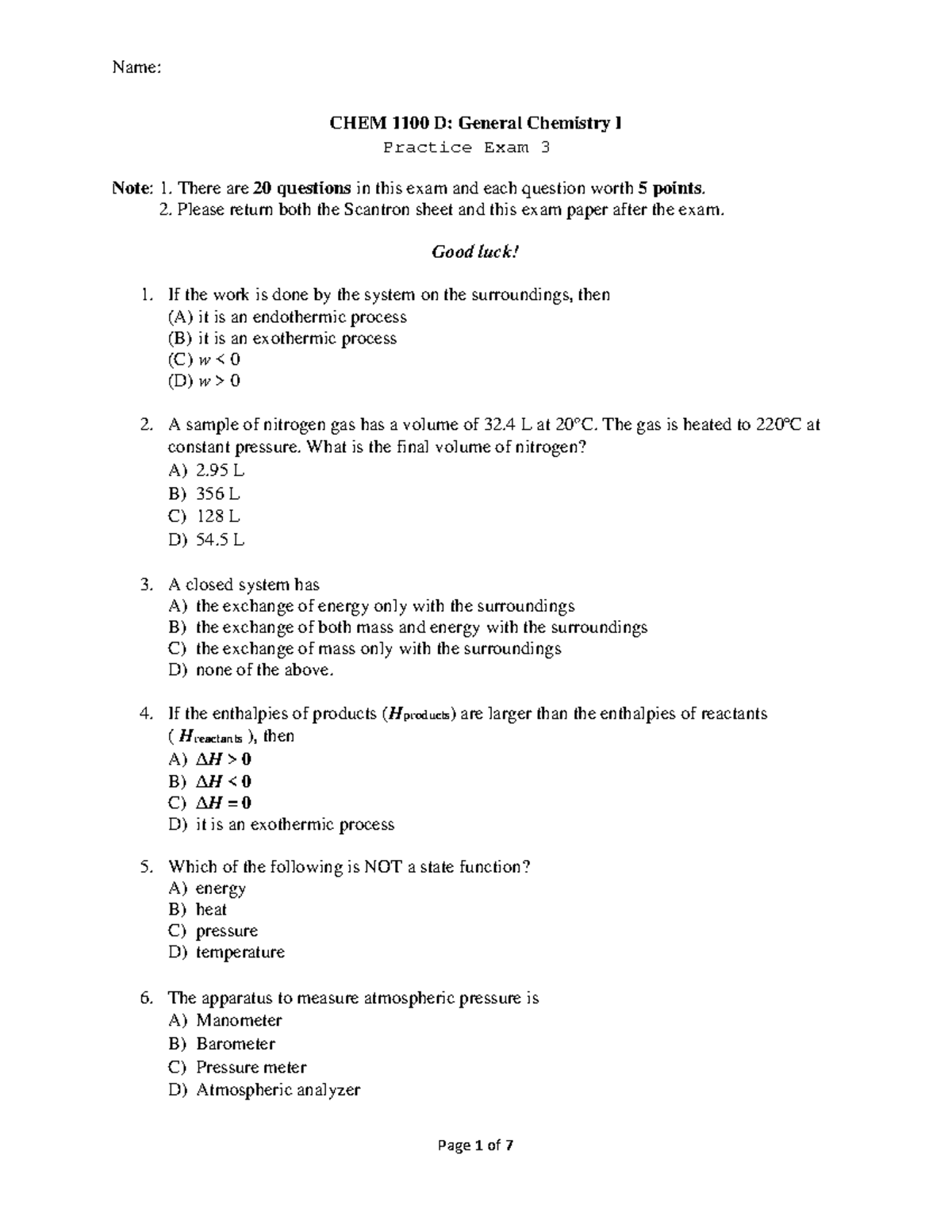 Practice Exam 3,180305 - CHEM 1100 D: General Chemistry I Exam# Note ...
