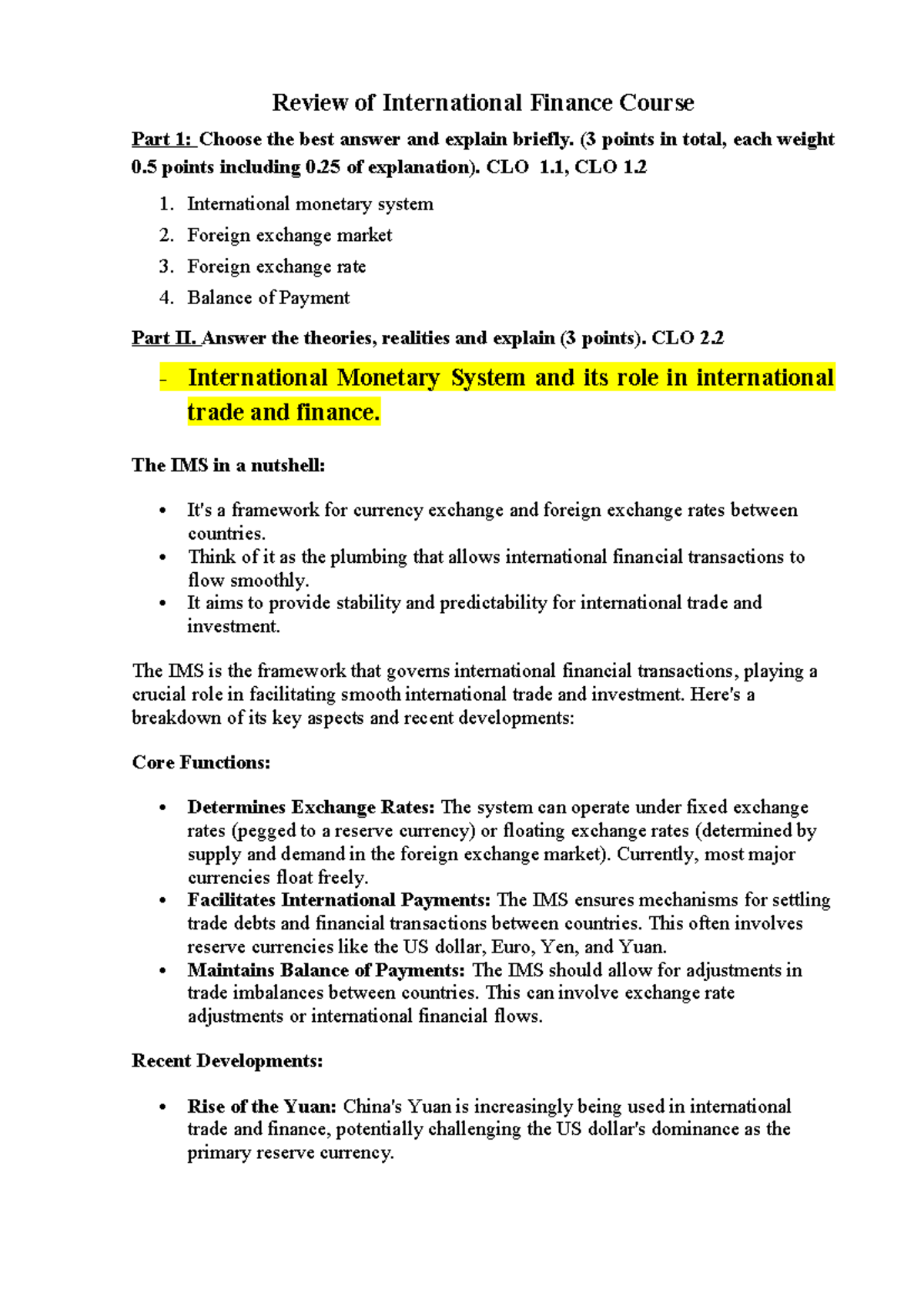 Review-CLC - Summary International Finance - Review of International ...