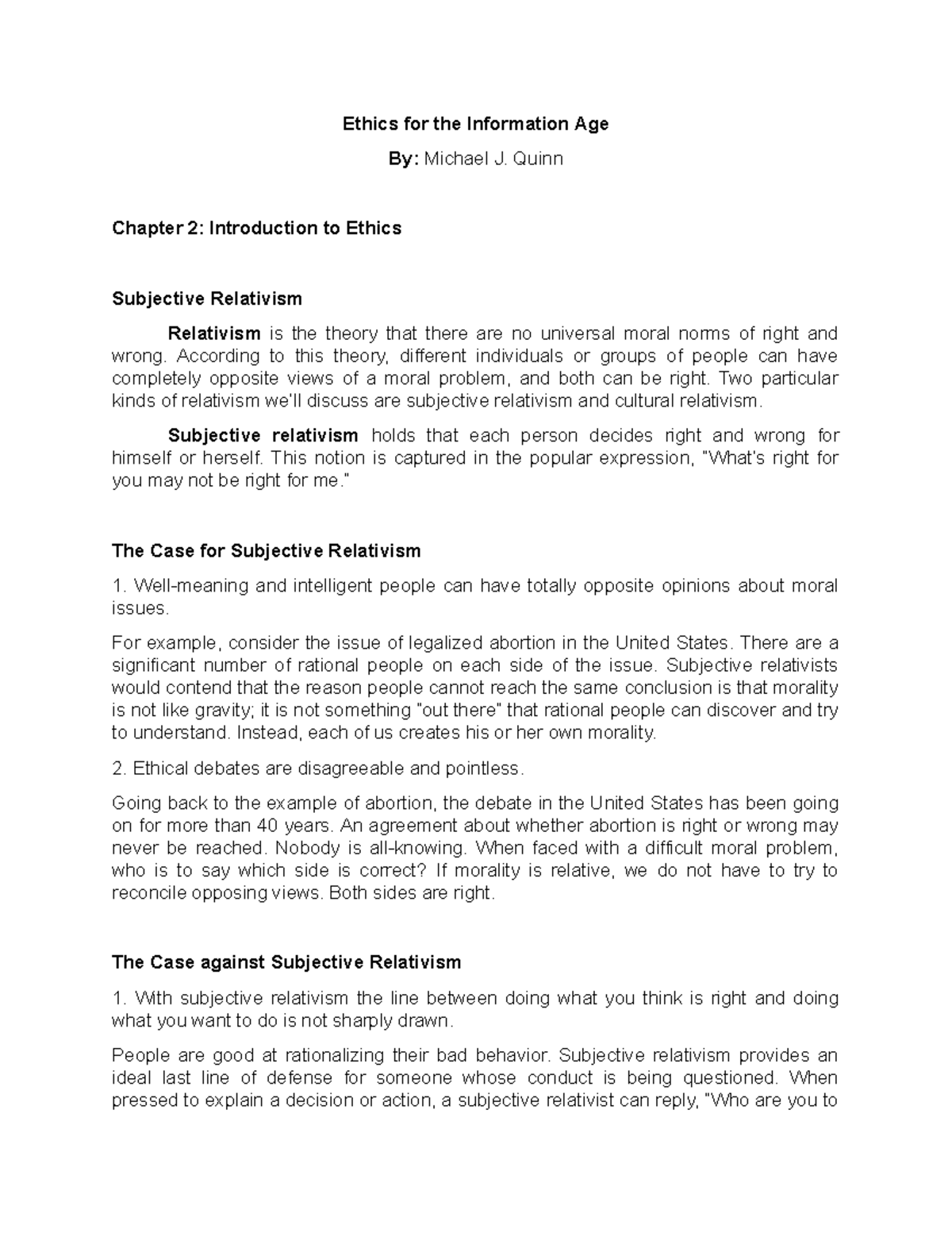 Chapter 2 Introduction to Ethics Subjective Relativism - Ethics for the ...