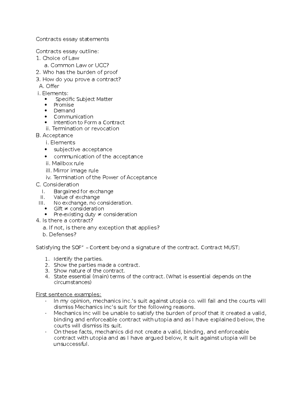 Contracts essay statements outline - Contracts essay statements ...