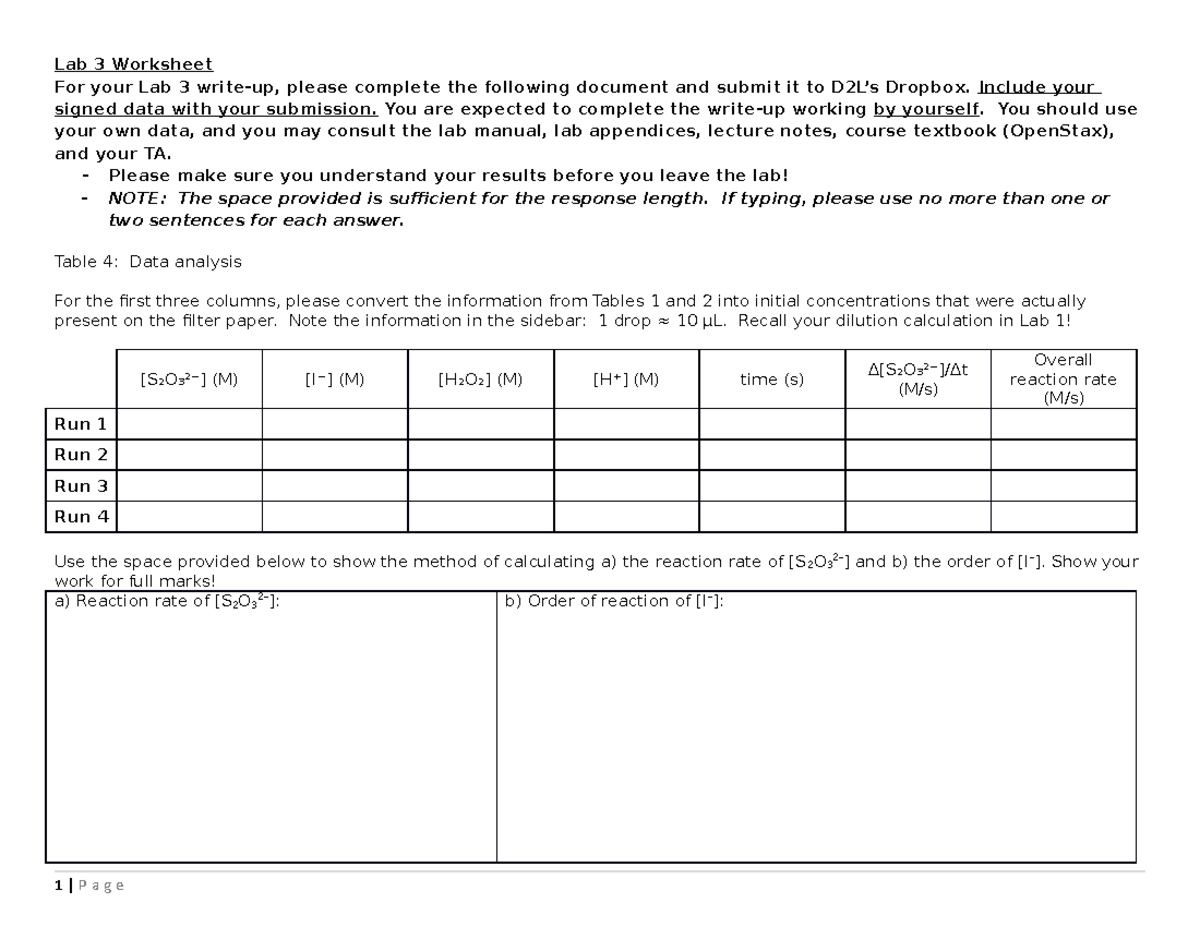 CHEM203 F22-Lab 3 Worksheet - Lab 3 Worksheet For your Lab 3 write-up, please complete the ...