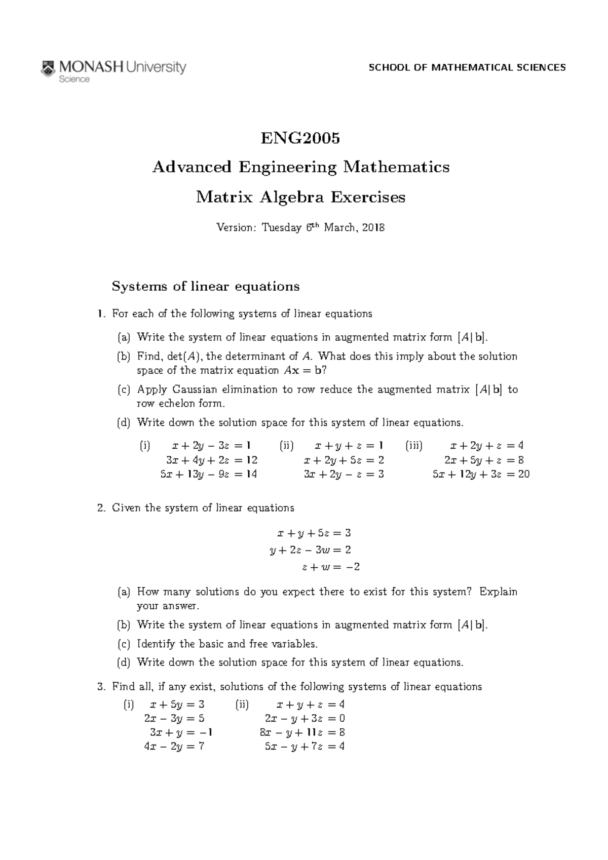 Problem Set 1 - SCHOOL OF MATHEMATICAL SCIENCES ENG2005 Advanced ...