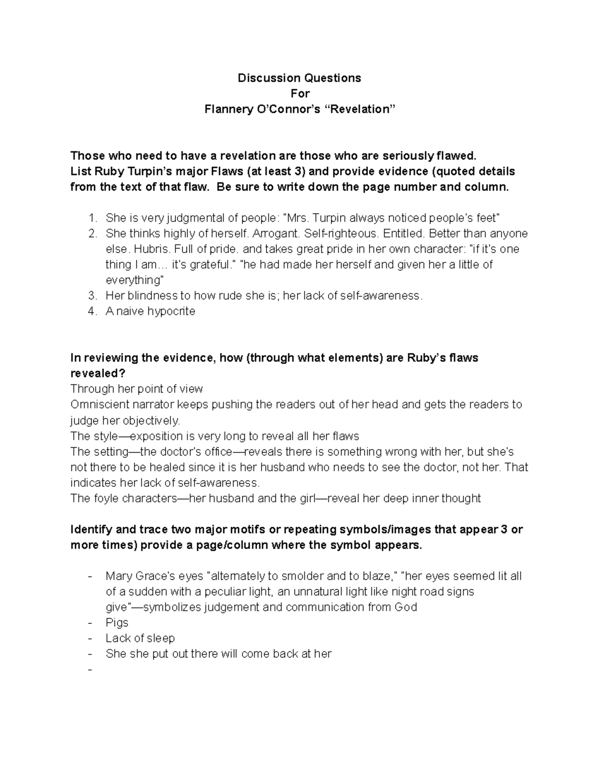 Discussion questions - Revelation - Discussion Questions For Flannery O ...