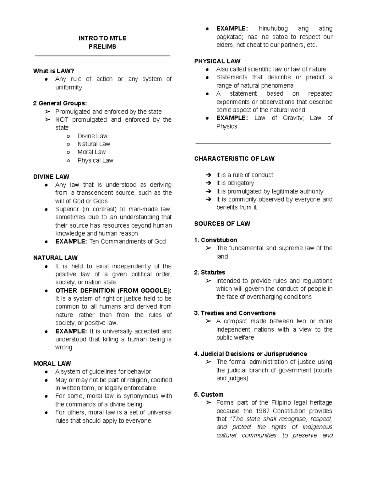 Intro TO MTLE - INTRO TO MTLE PRELIMS What is LAW? Any rule of action ...