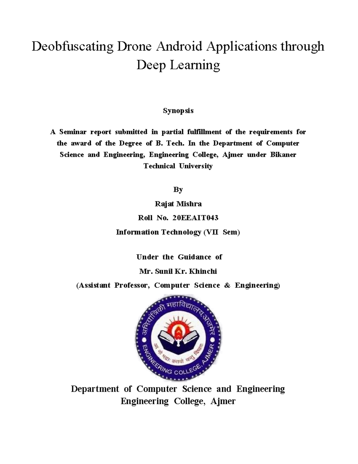 Final year - Deobfuscating Drone Android Applications through Deep Learning Synopsis A Seminar ...