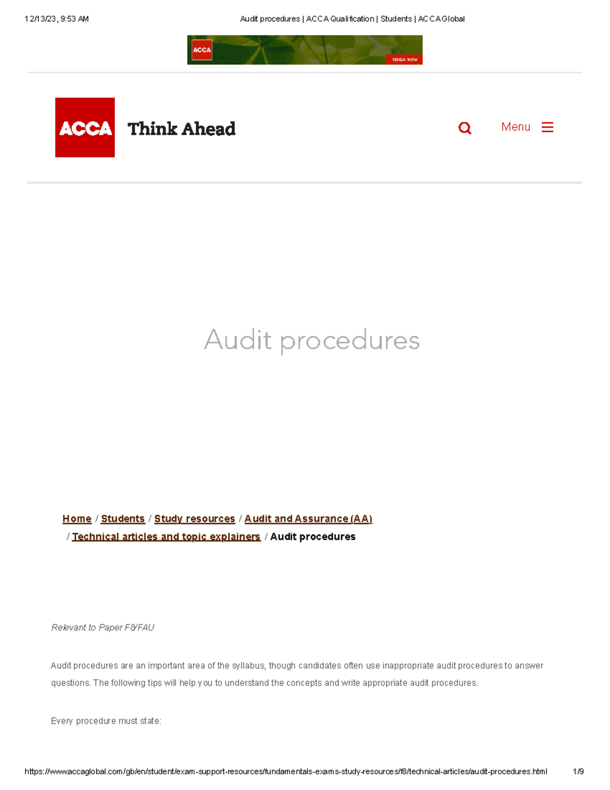 Audit procedures ACCA Qualification Students ACCA Global - Home ...