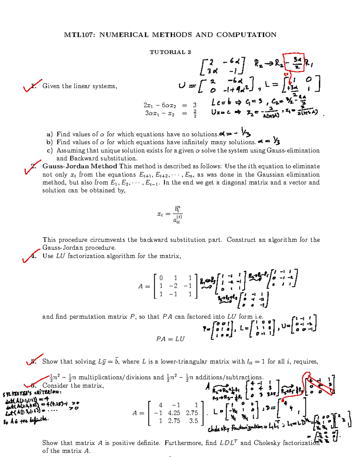MTL107 Tutorial 3 - TUTS - MTL107: NUMERICAL METHODS AND COMPUTATION TUTORIAL 3 Given the linear ...