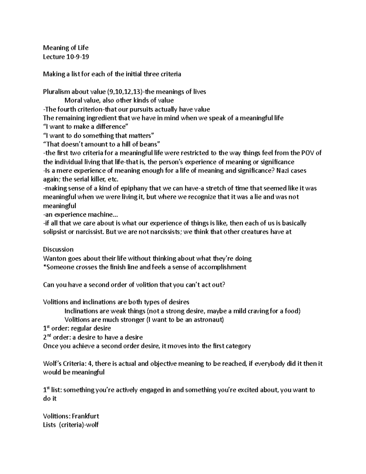 MOL Notes 10-19 - Meaning of Life Lecture 10-9- Making a list for each ...
