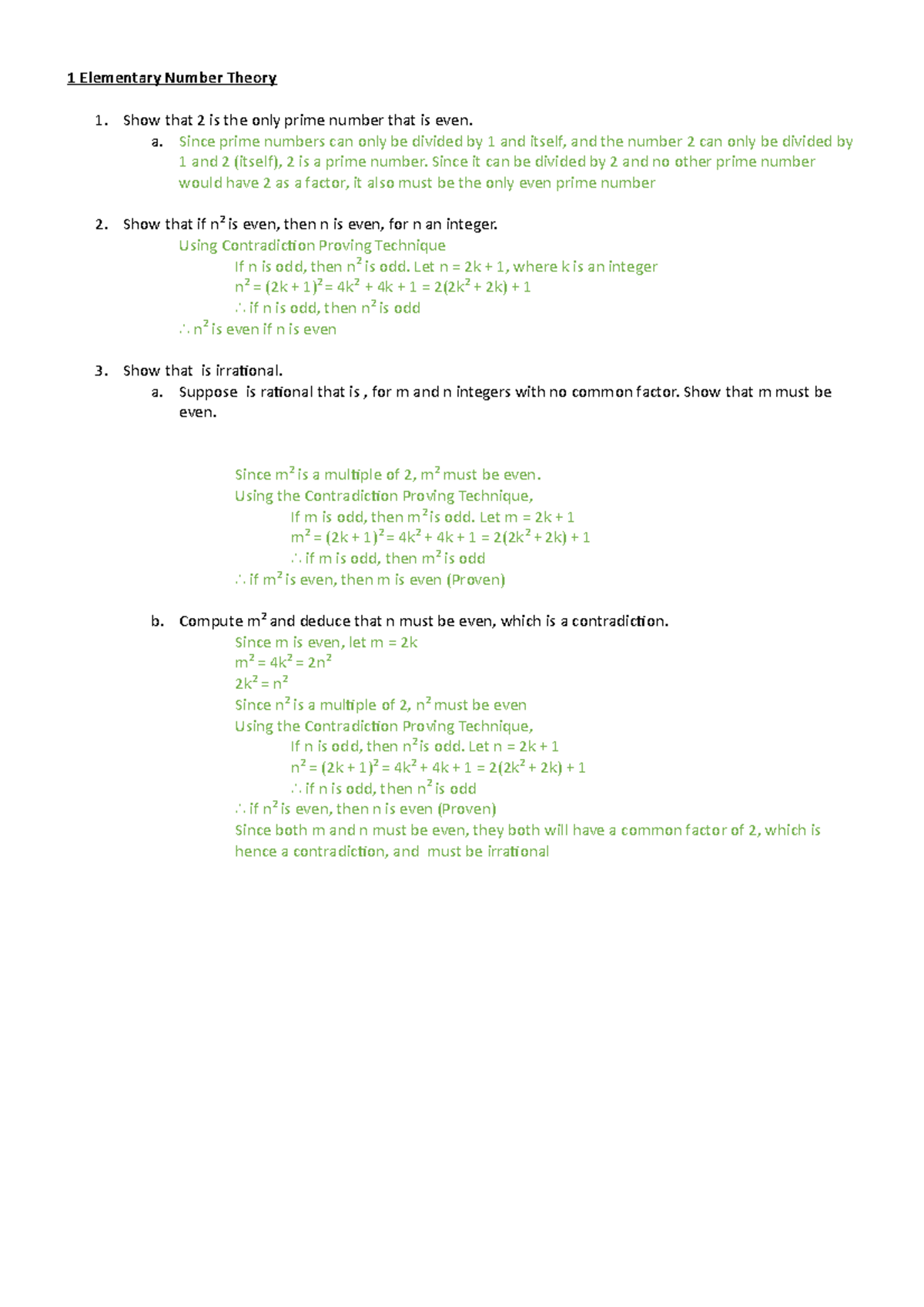 1 A (Elementary Number Theory) - 1 Elementary Number Theory Show that 2 is the only prime number ...
