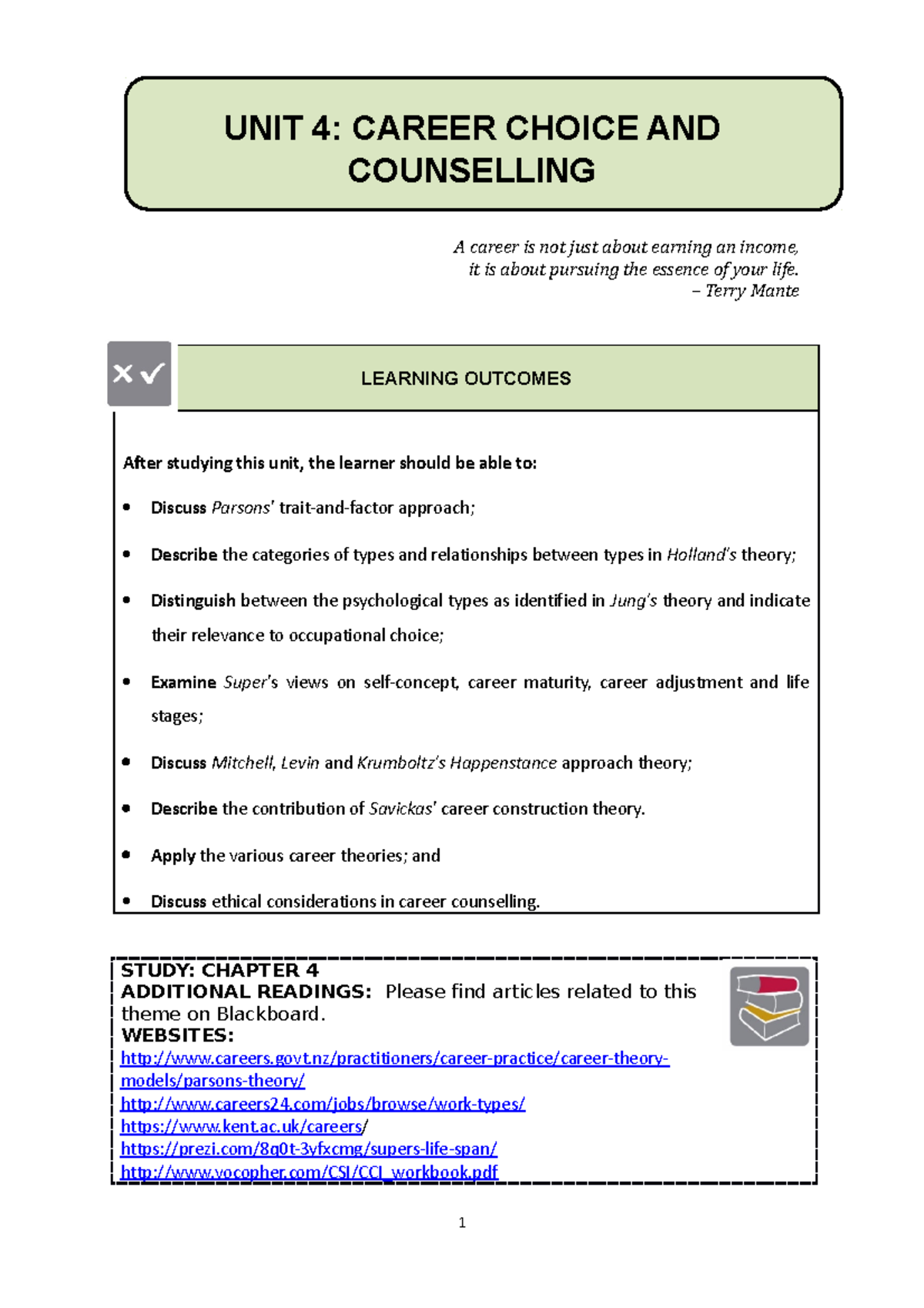 Unit 4 Career Choice and Counselling SG copy - A career is not just about earning an income, it ...