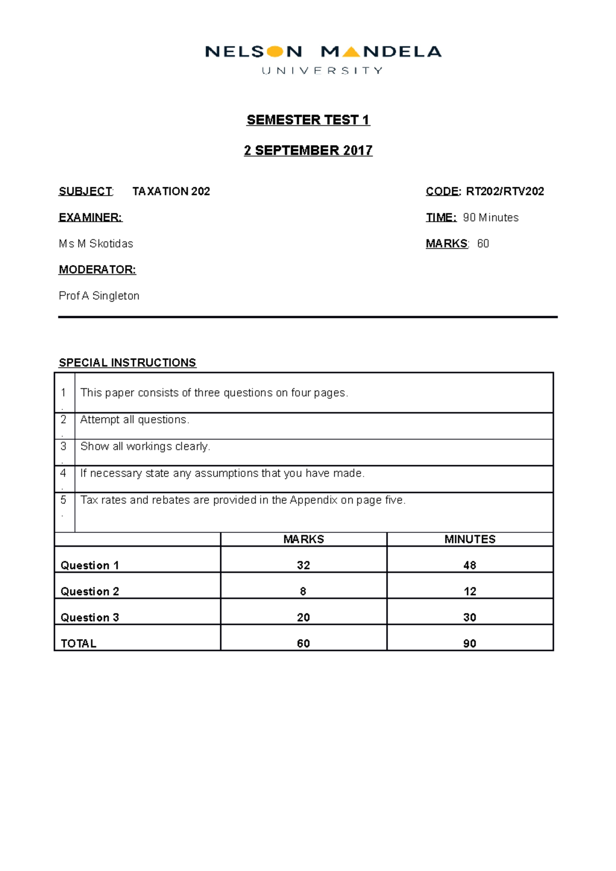 RT202 Semester test 1 2017 Questions - SEMESTER TEST 1 2 SEPTEMBER 2017 ...