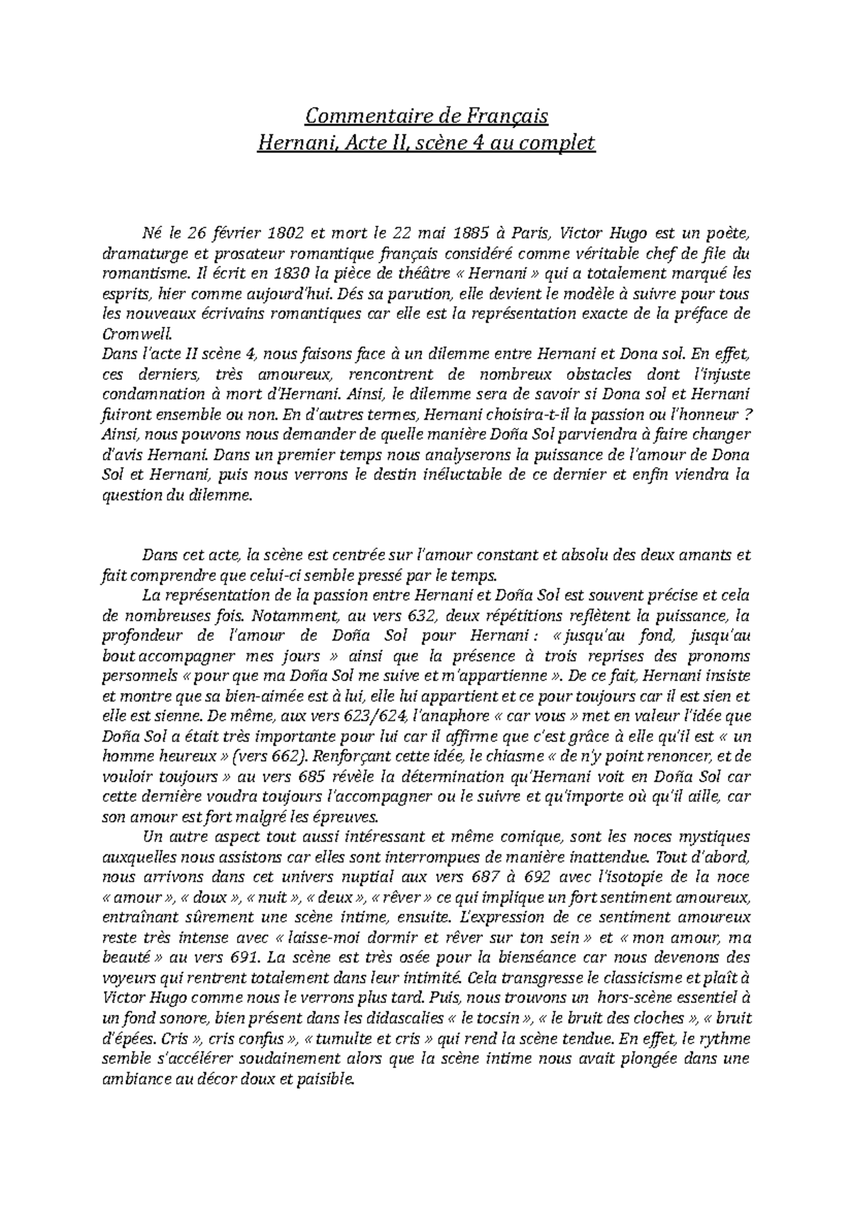 Commentaire de Français - Commentaire de Français Hernani , Acte II ...