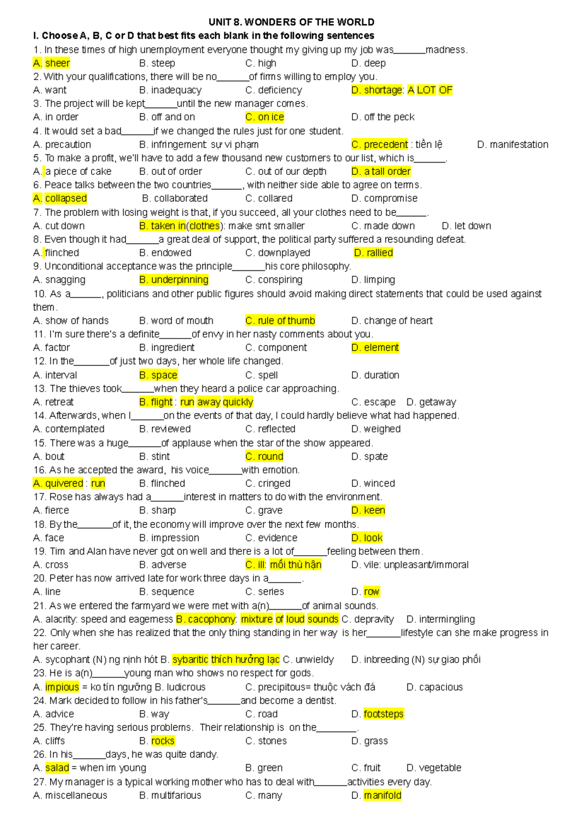 UNIT 8 - UNIT 8- PCC - UNIT 8. WONDERS OF THE WORLD I. Choose A, B, C ...